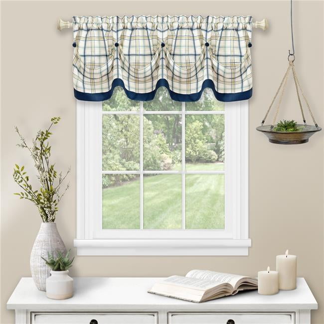 Tattersall Tuck Valance with Buttons - 58 x 14 in. - Navy - Walmart.com