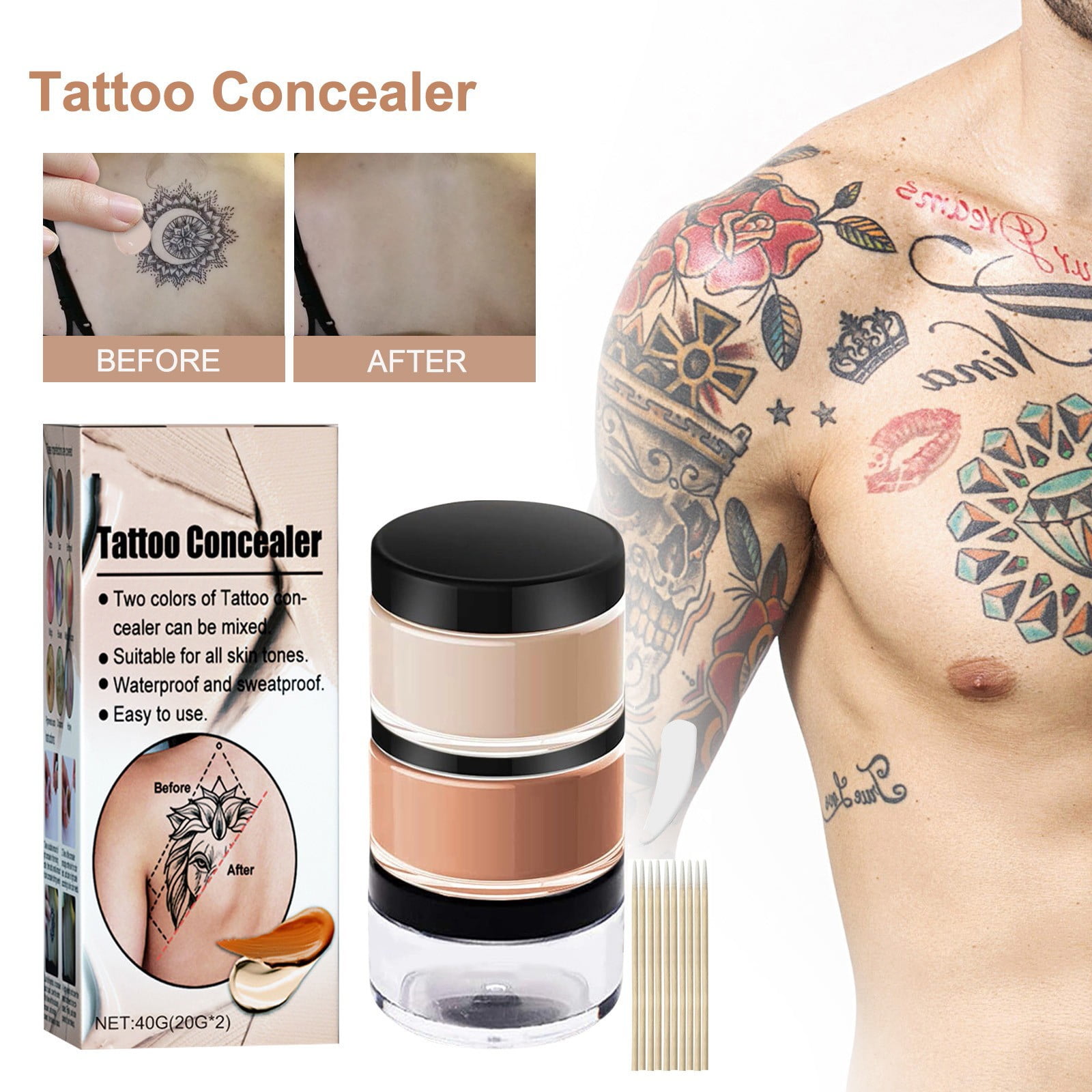 Tattoo Cover Up, 2-In Tattoo Concealer Makeup – Waterproof & Sweatproof ...