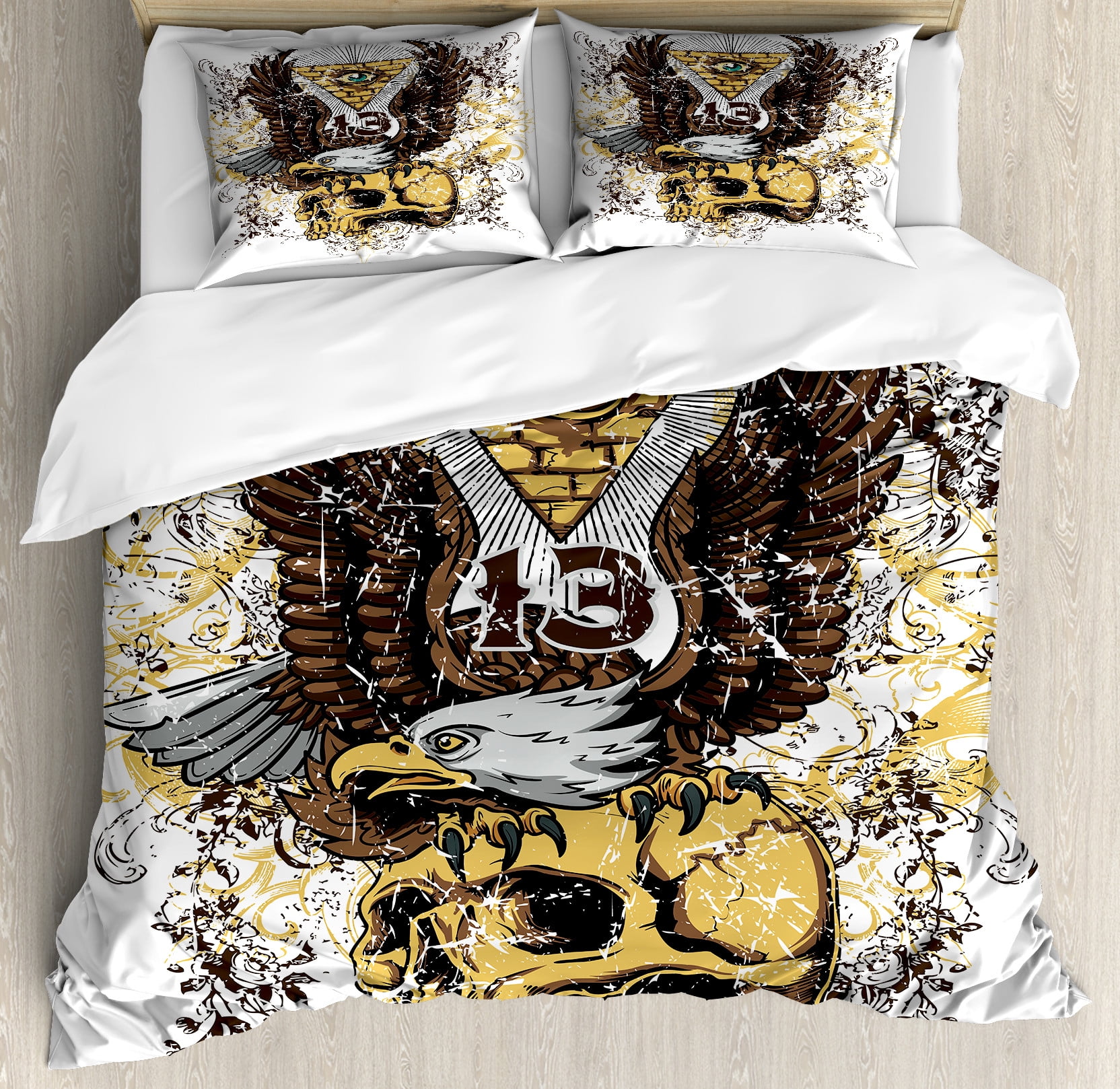 Tattoo Duvet Cover Set, American Eagle Wings Wide Open Top of Skull ...