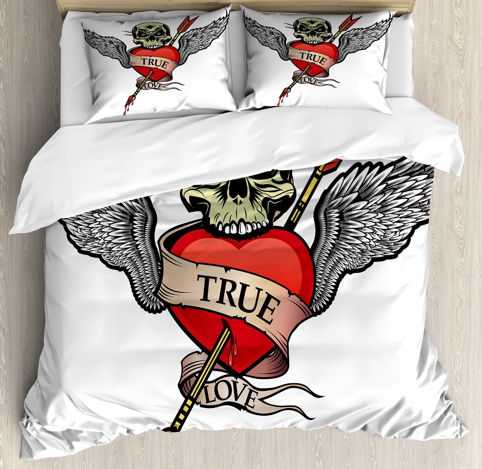 Tattoo Duvet Cover Set, Angel Wings Skull and Heart Full of Blood Real ...