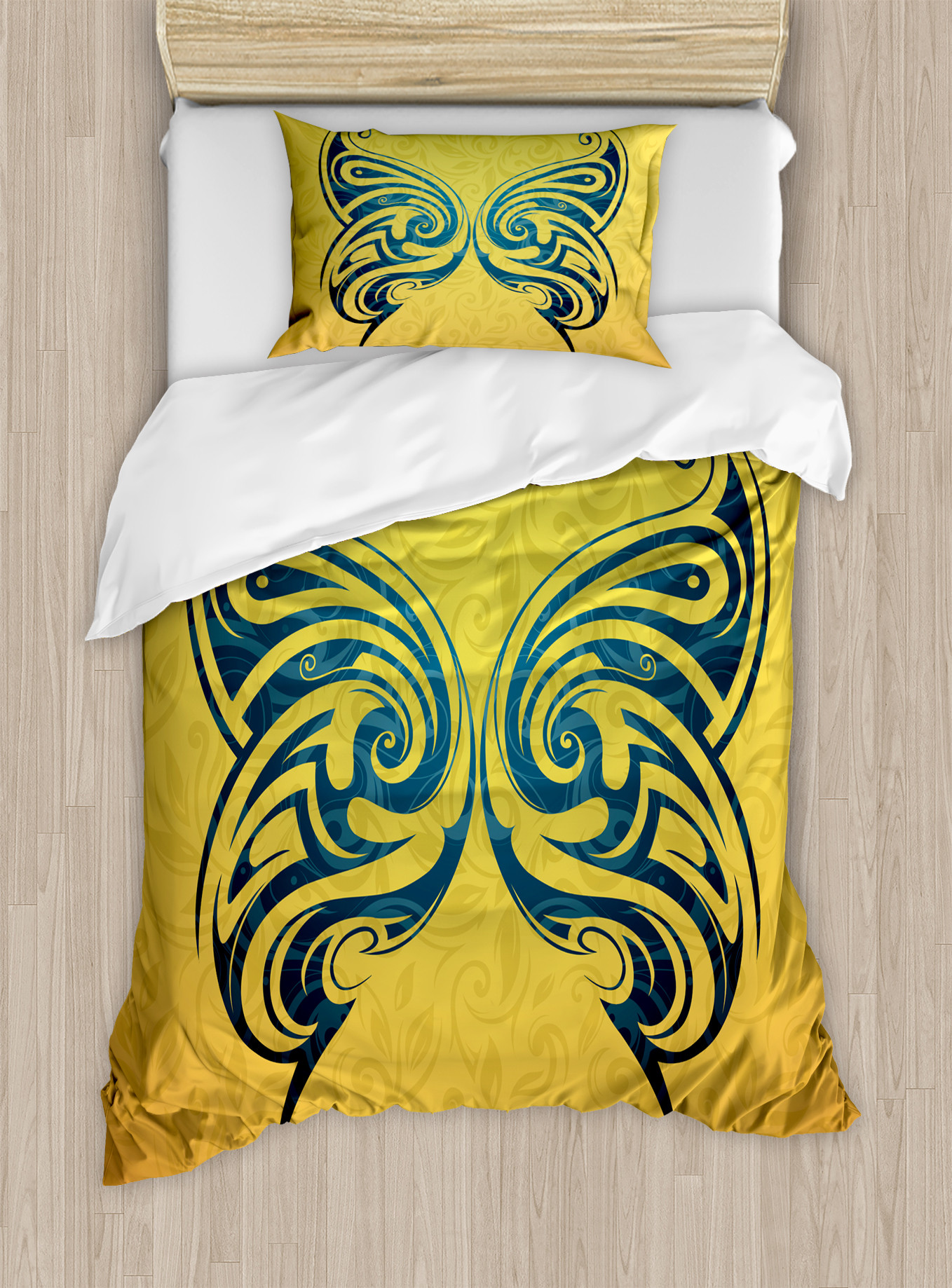Tattoo Duvet Cover Set, Blue Colored Tribal Designed Free Butterfly of ...