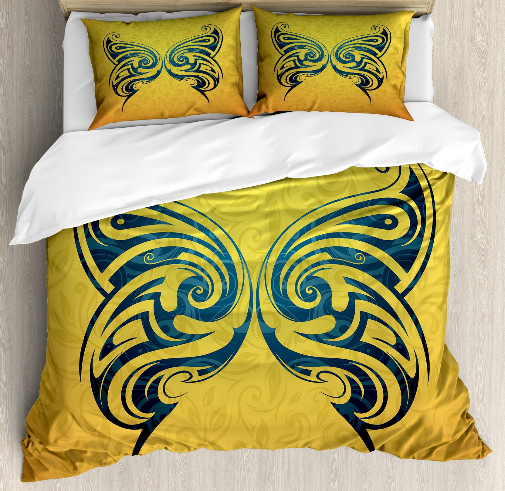 Tattoo Duvet Cover Set, Blue Colored Tribal Designed Free Butterfly of ...
