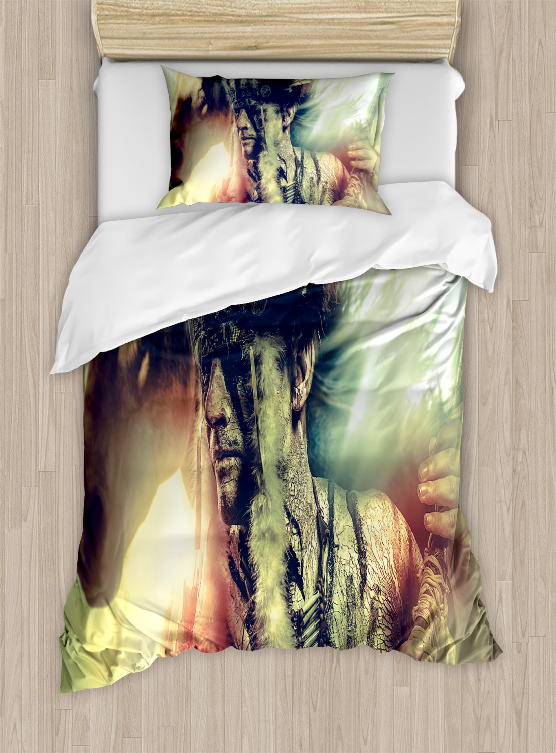 Tattoo Duvet Cover Set, Brave Warrior Chief of Tribe with Noble White ...