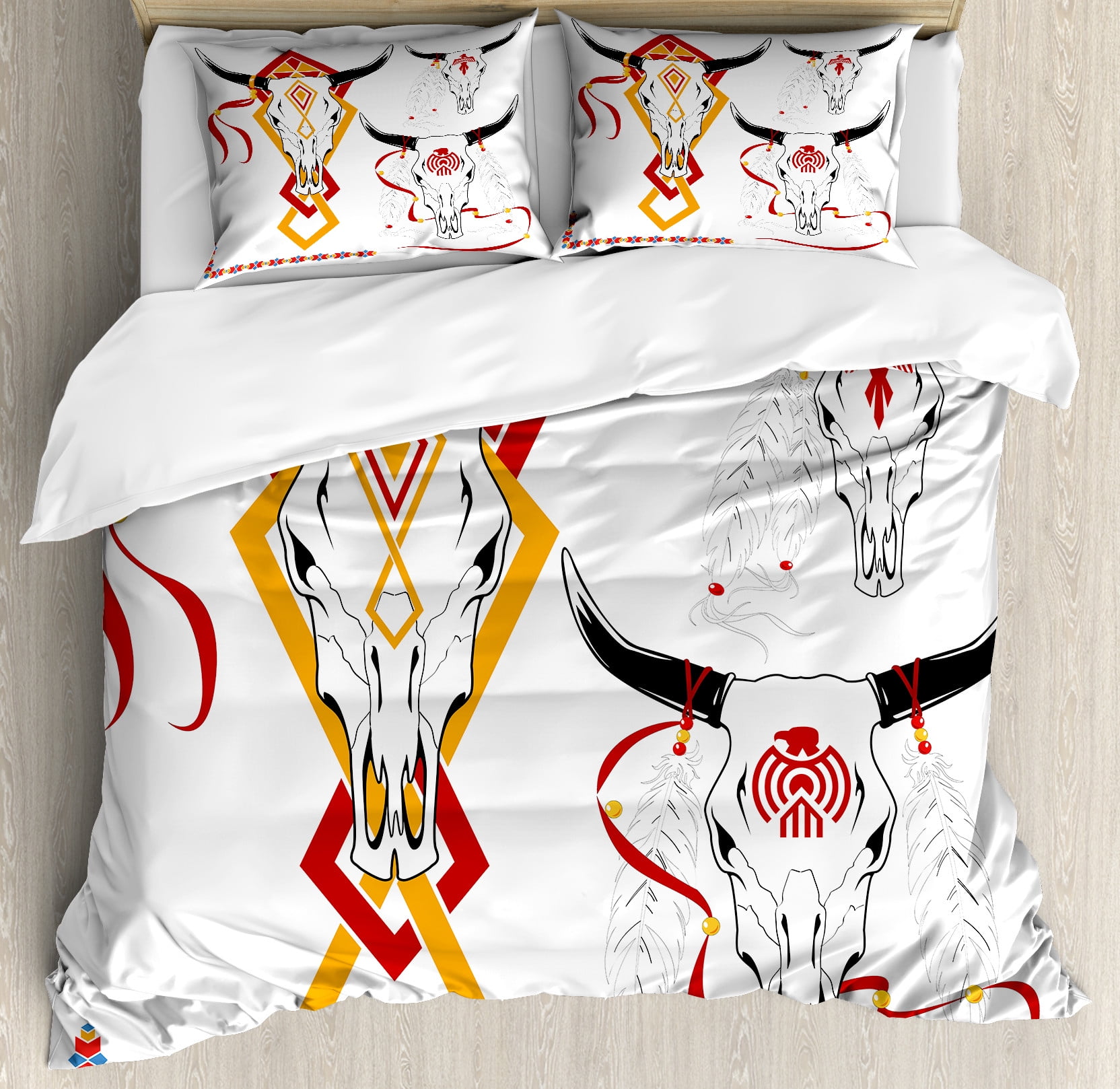 Tattoo Duvet Cover Set, Bulls Head with Feather of Bird as Accessory ...