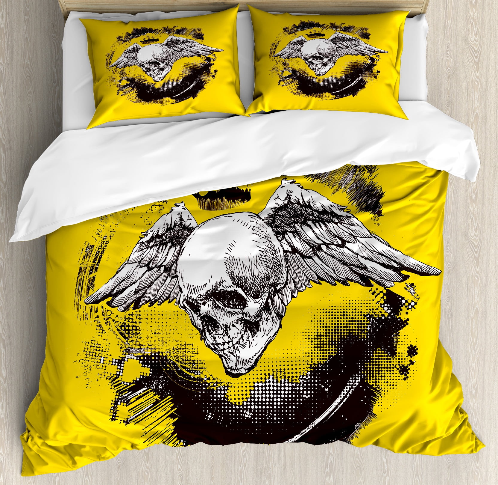 Tattoo Duvet Cover Set, Death Angel Crowned Skull Drawing Wide ...