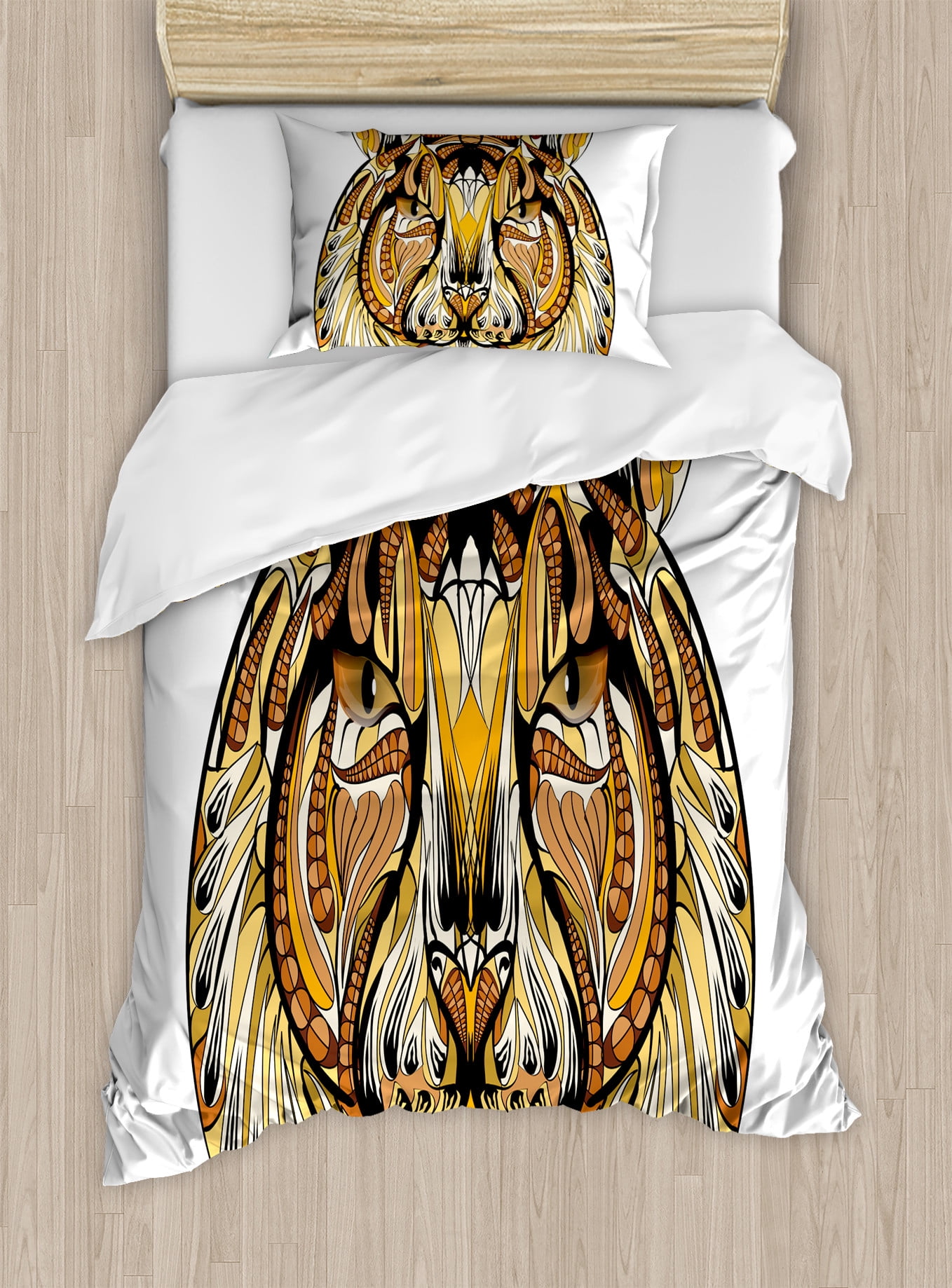 Tattoo Duvet Cover Set, Head of Lion with Feather Art on His Mane ...