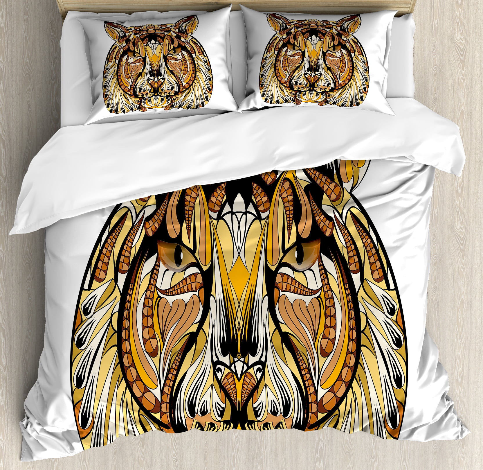 Tattoo Duvet Cover Set, Head of Lion with Feather Art on His Mane ...