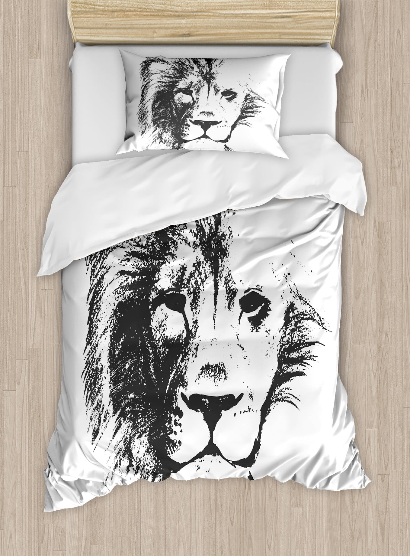 Tattoo Duvet Cover Set, King of Jungle Pencil Drawing Handmade Majestic ...