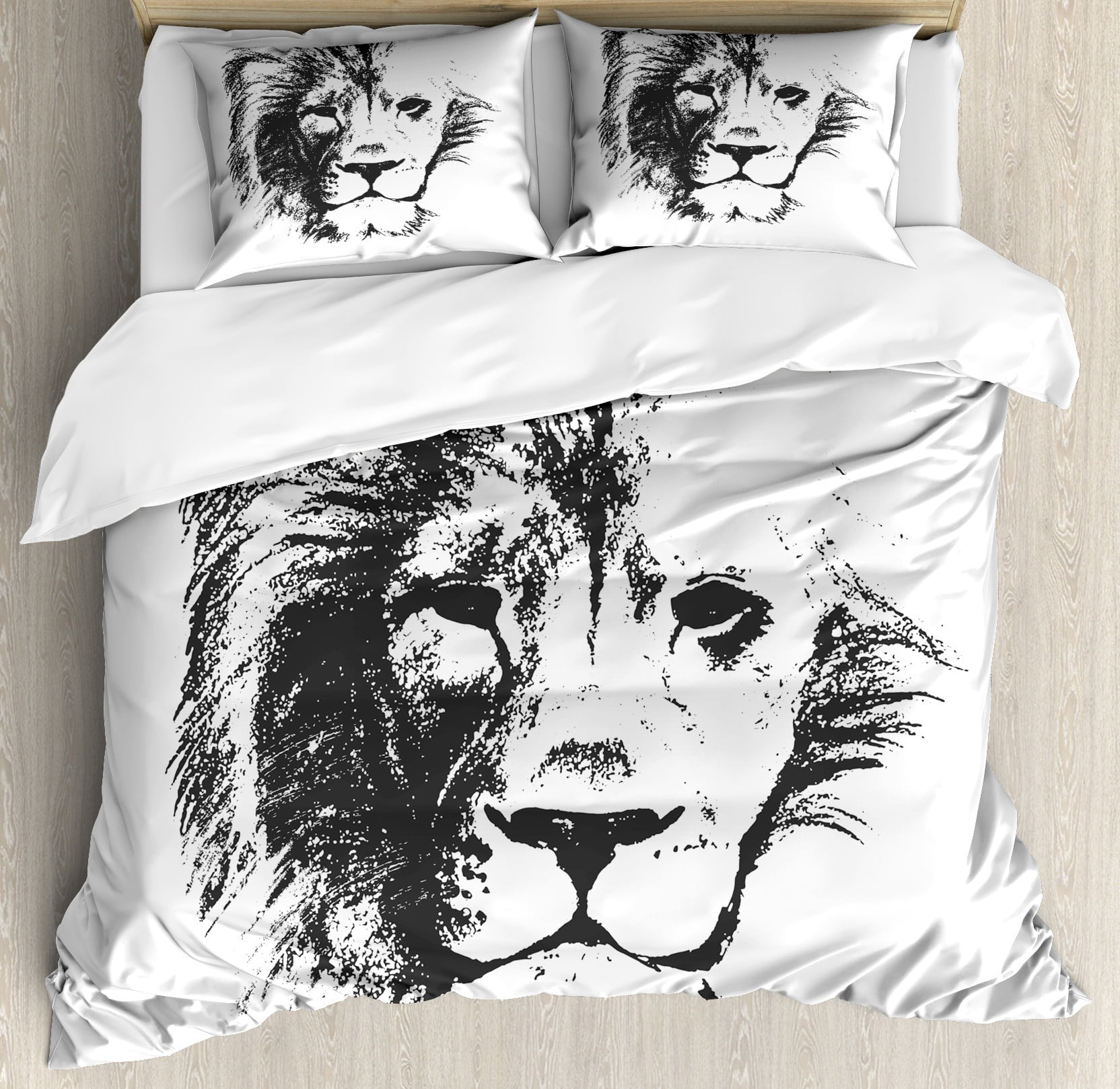 Tattoo Duvet Cover Set, King of Jungle Pencil Drawing Handmade Majestic ...