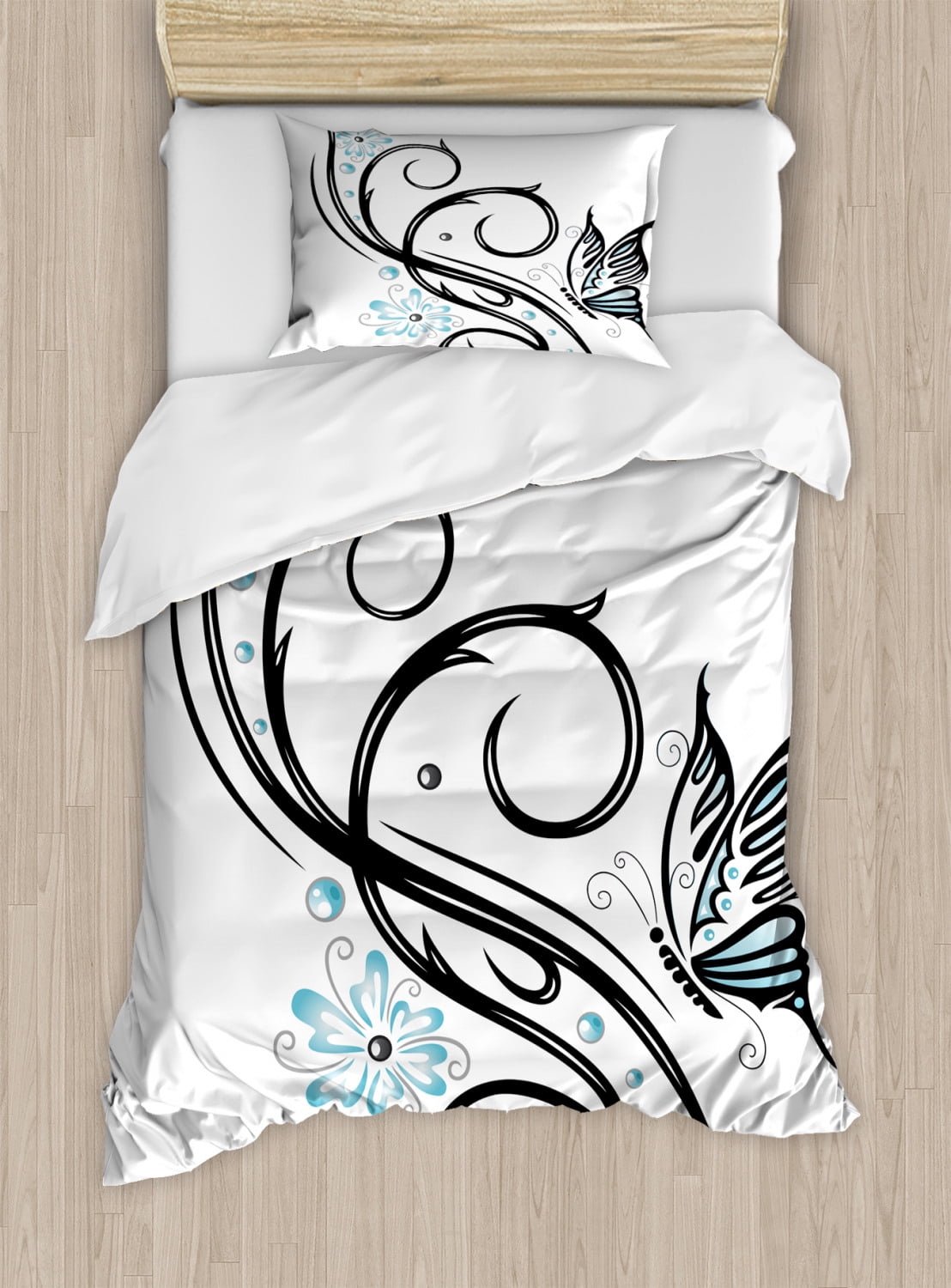 Tattoo Duvet Cover Set, Leaf Like Design Flowers and a Flying Butterfly ...
