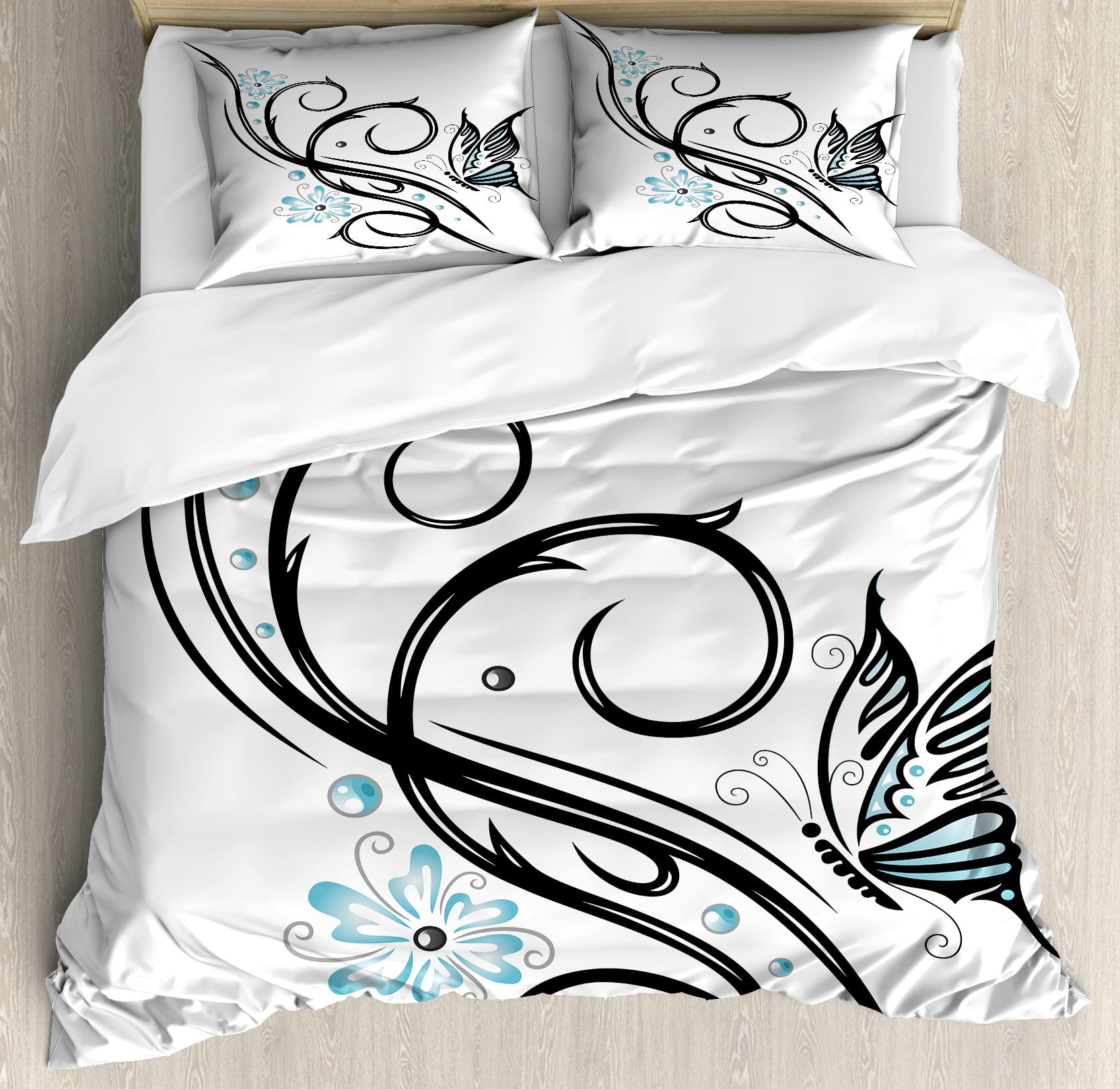 Tattoo Duvet Cover Set, Leaf Like Design Flowers and a Flying Butterfly ...