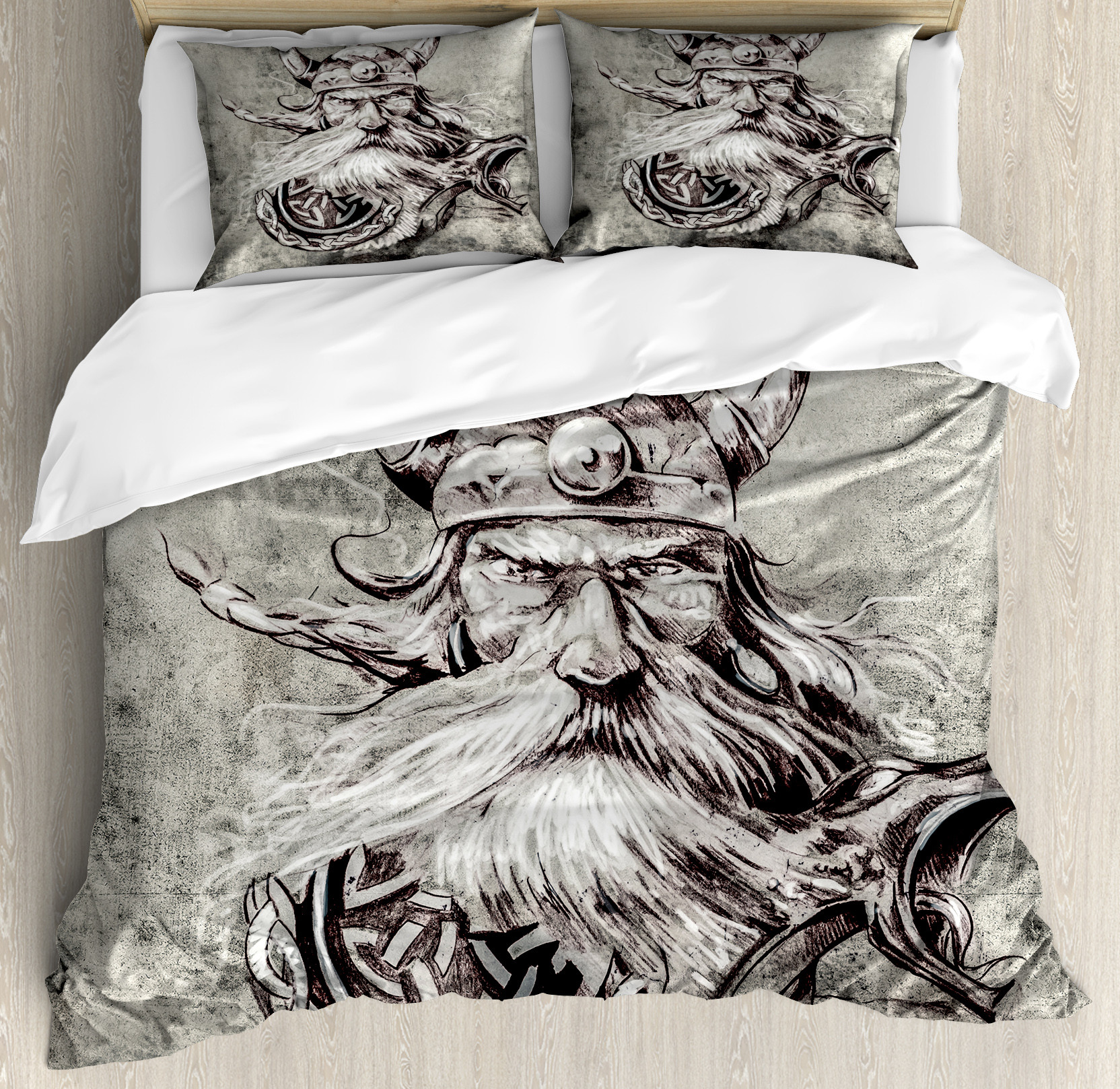 Tattoo Duvet Cover Set, Pencil Drawing of a Brave Viking Warrior Armour ...