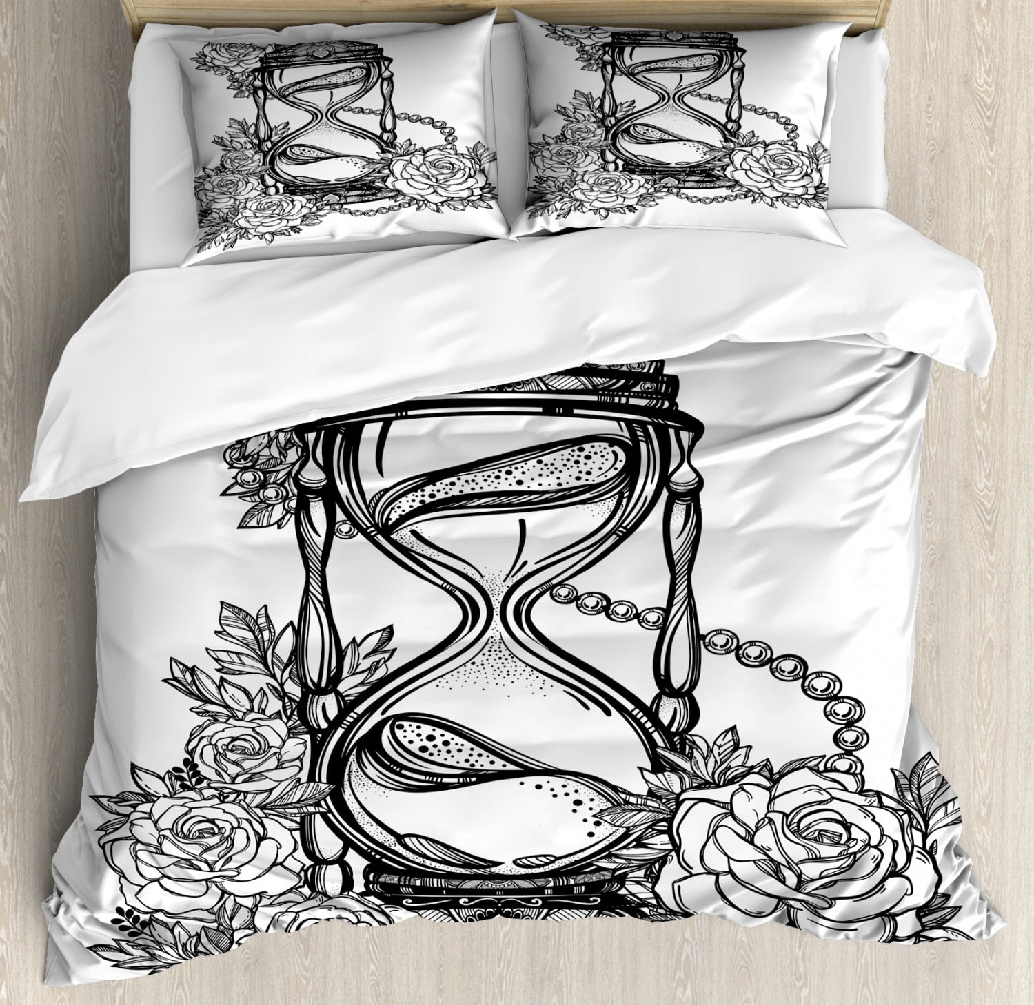 Tattoo Duvet Cover Set, Pencil Drawing Romantic Theme Hourglass of ...