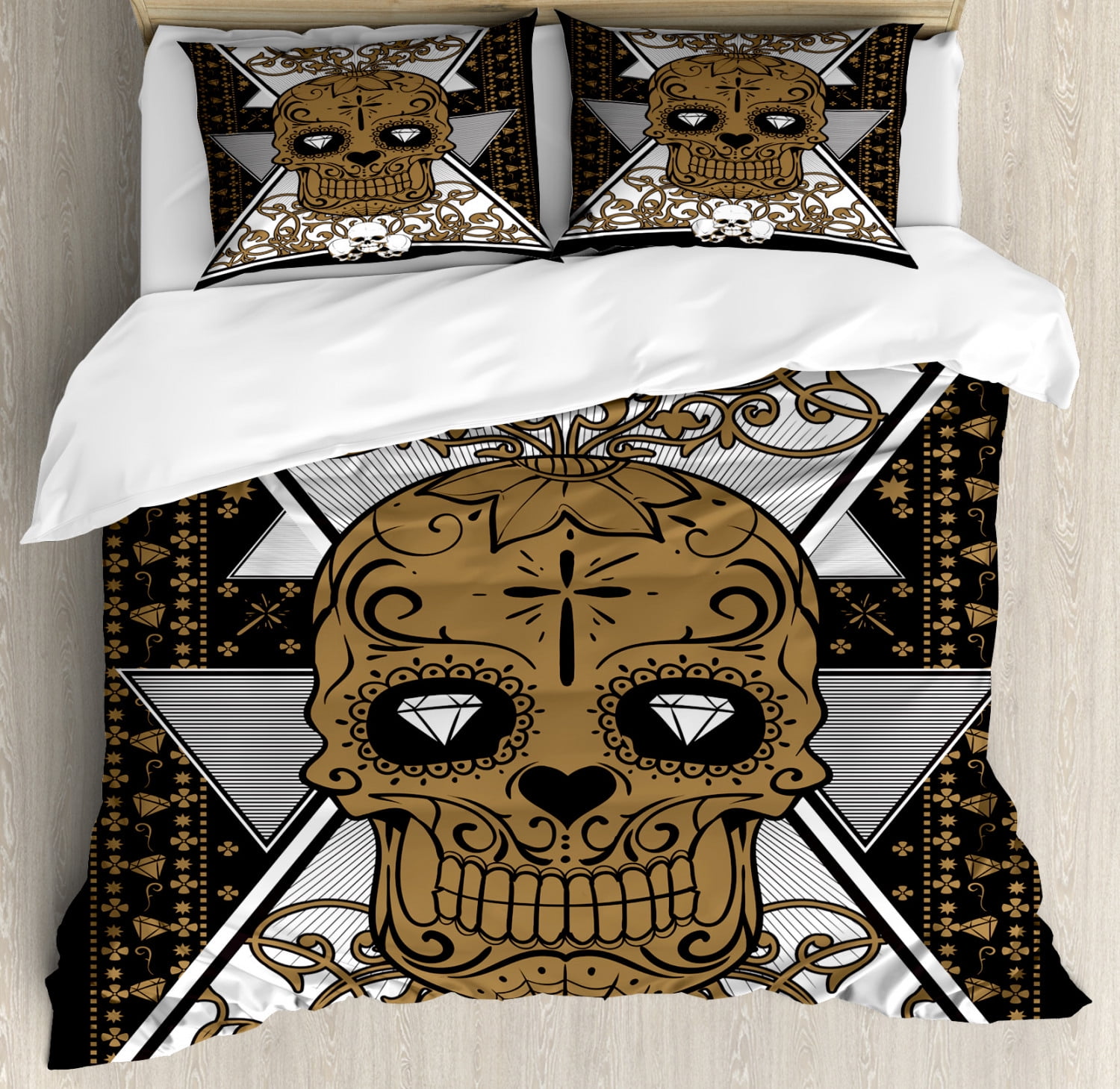 Tattoo Duvet Cover Set, Skull Diamond Eyes and Floral Theme Vine Art ...