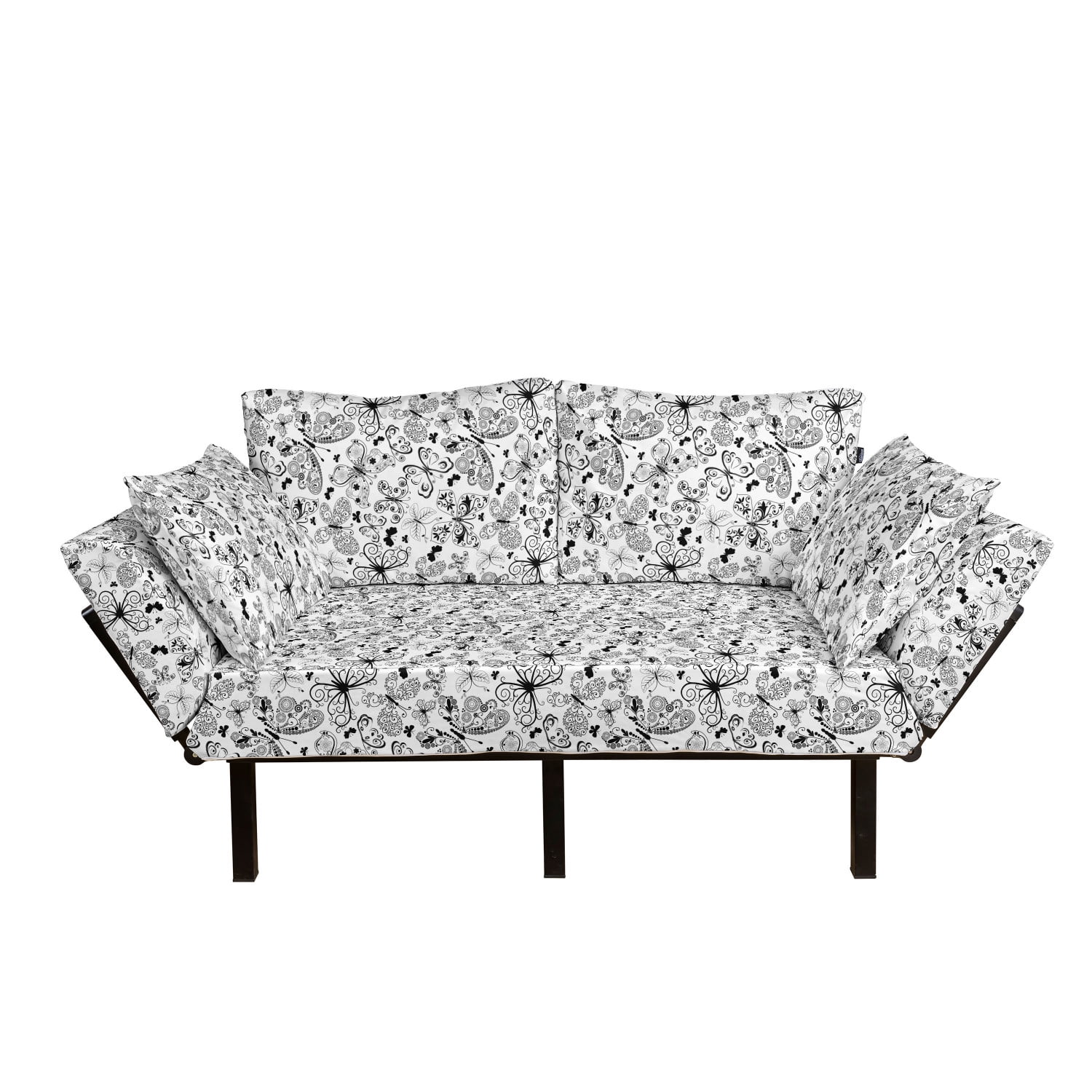 Tattoo Futon Couch, Monochrome Pattern with Floral Abstract Butterflies ...