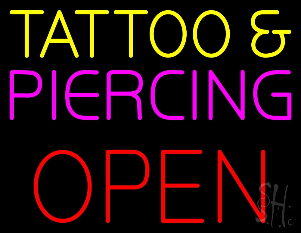 Tattoo And Piercing Block Open Led Neon Sign 15 Tall X 19 Wide Inches Black Square Cut