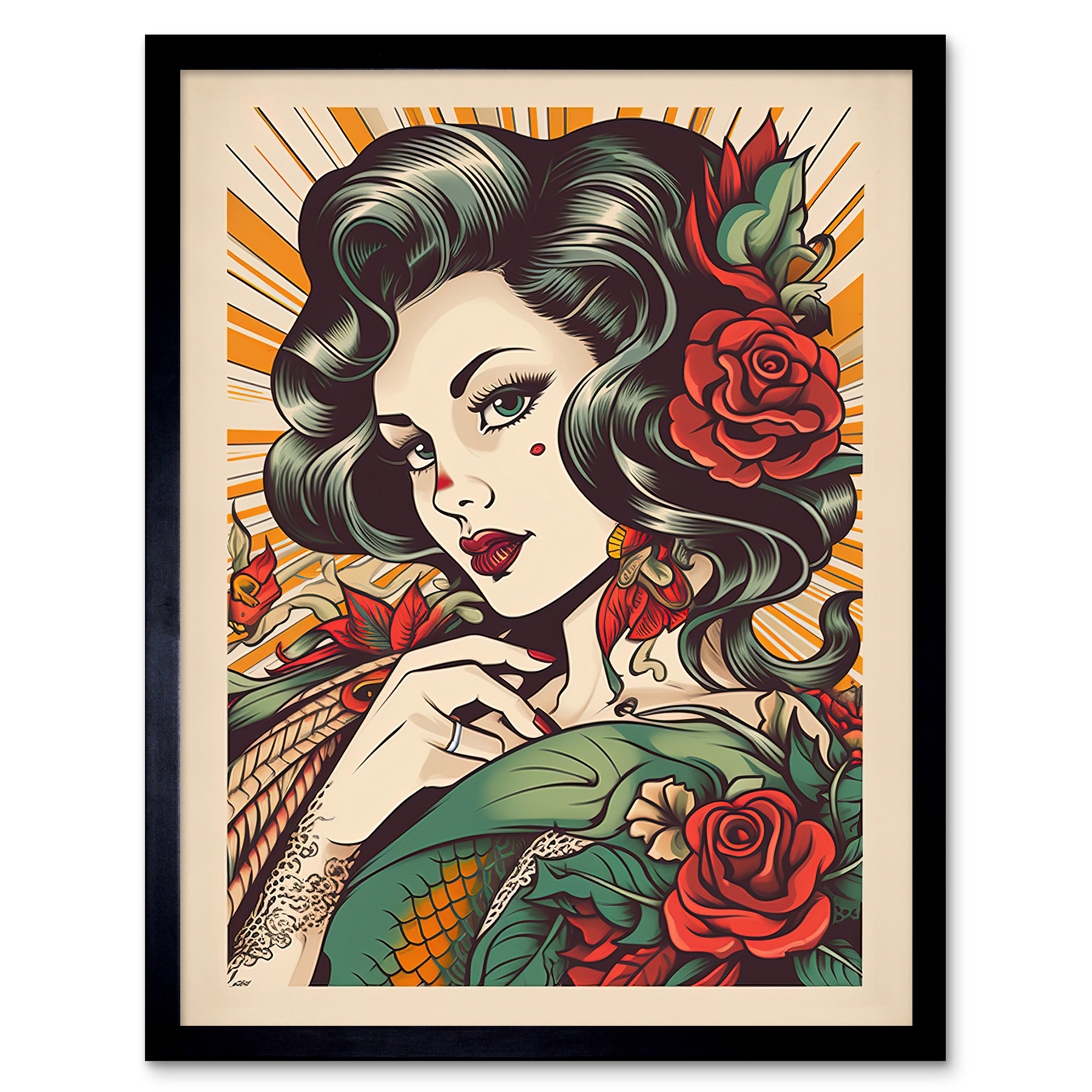 Tattoo Pin Up Girl Roses Rockabilly Americana 50s Art Print Framed ...