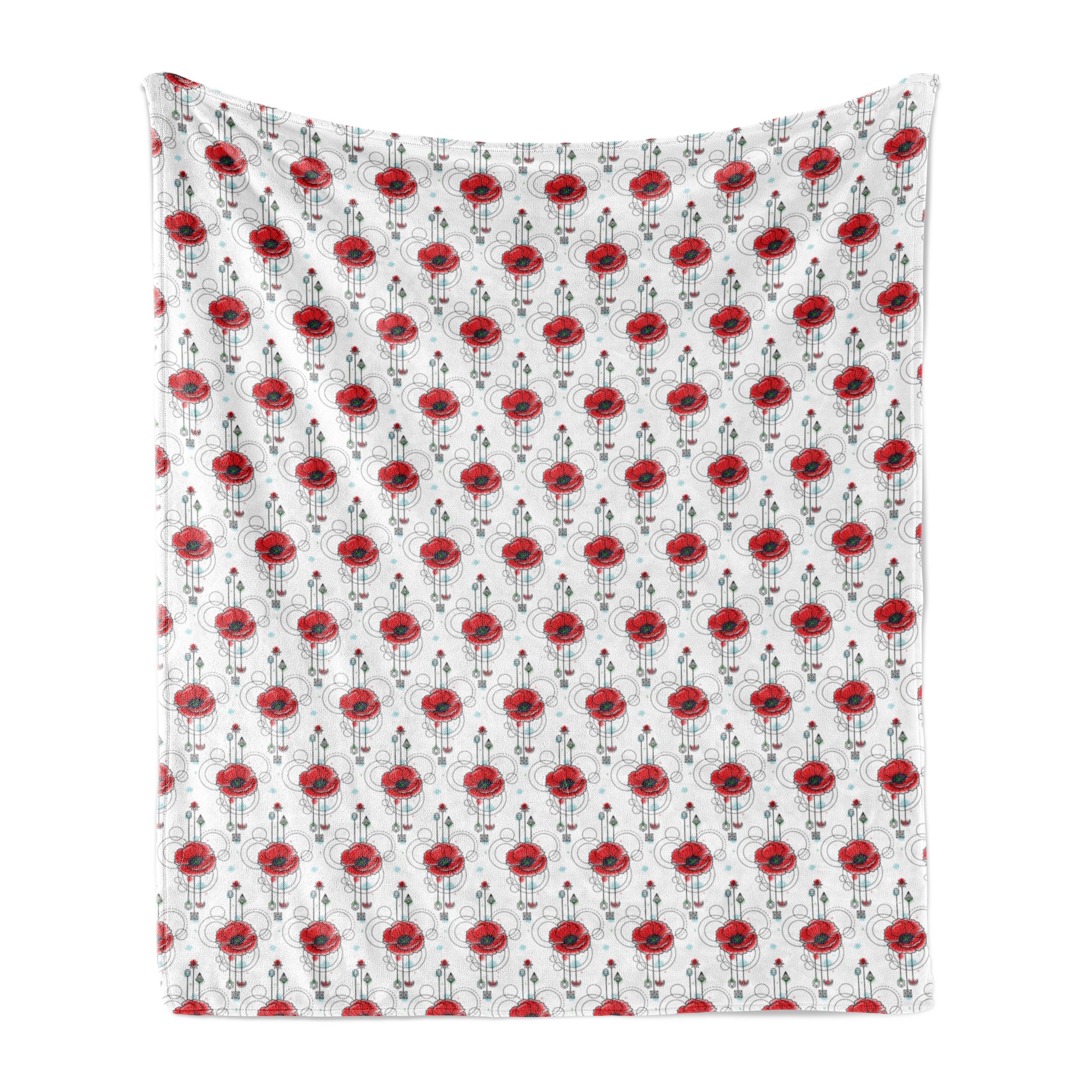 Tattoo Soft Flannel Fleece Blanket, Red Poppy Flowers with Geometric ...