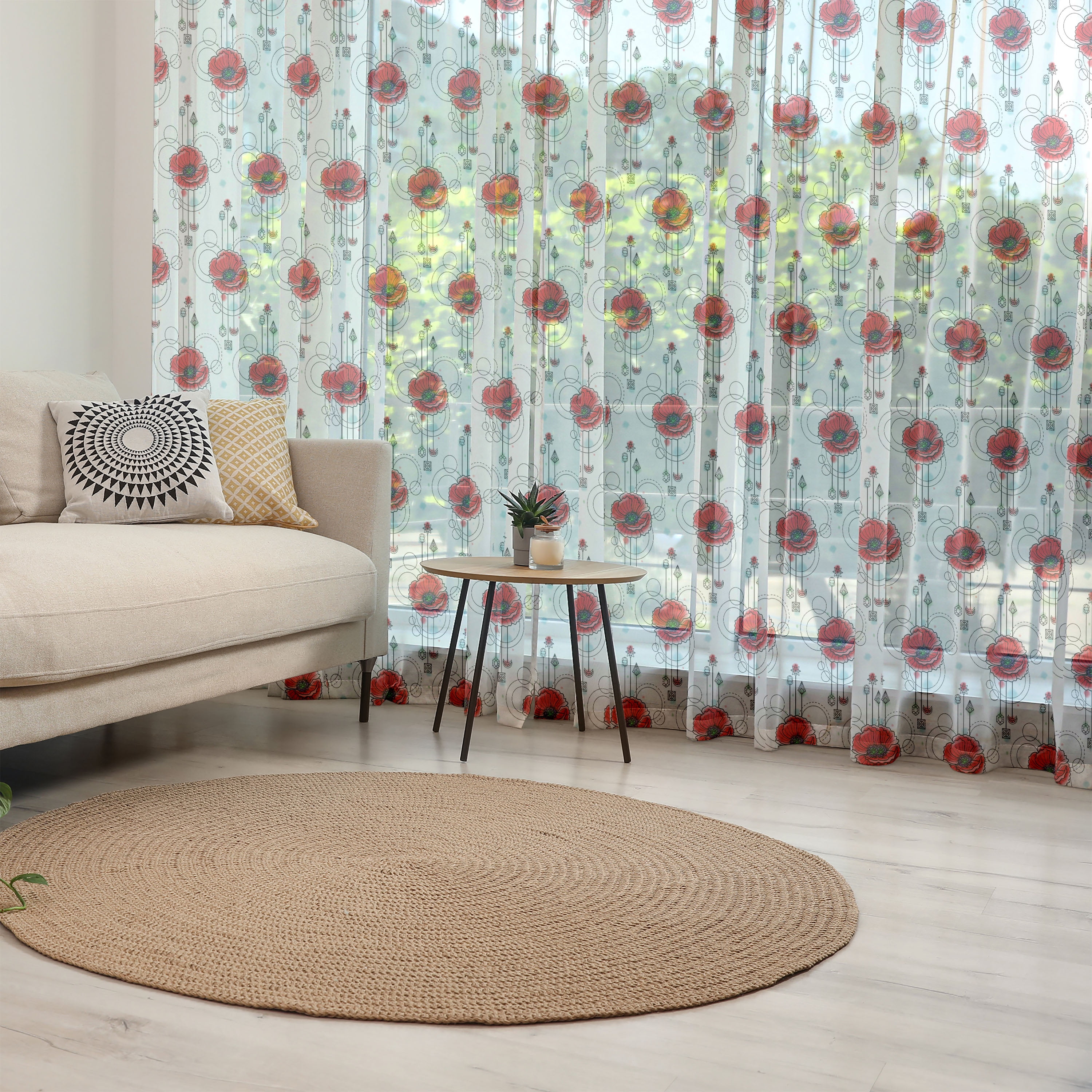 Tattoo Tulle Curtains with Rod Pocket, Red Poppy Flowers with Geometric ...