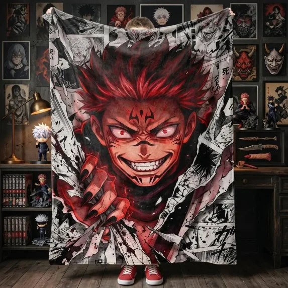 Tattooed Demon King Anime Flannel Throw Blanket, Dark Manga Style ...