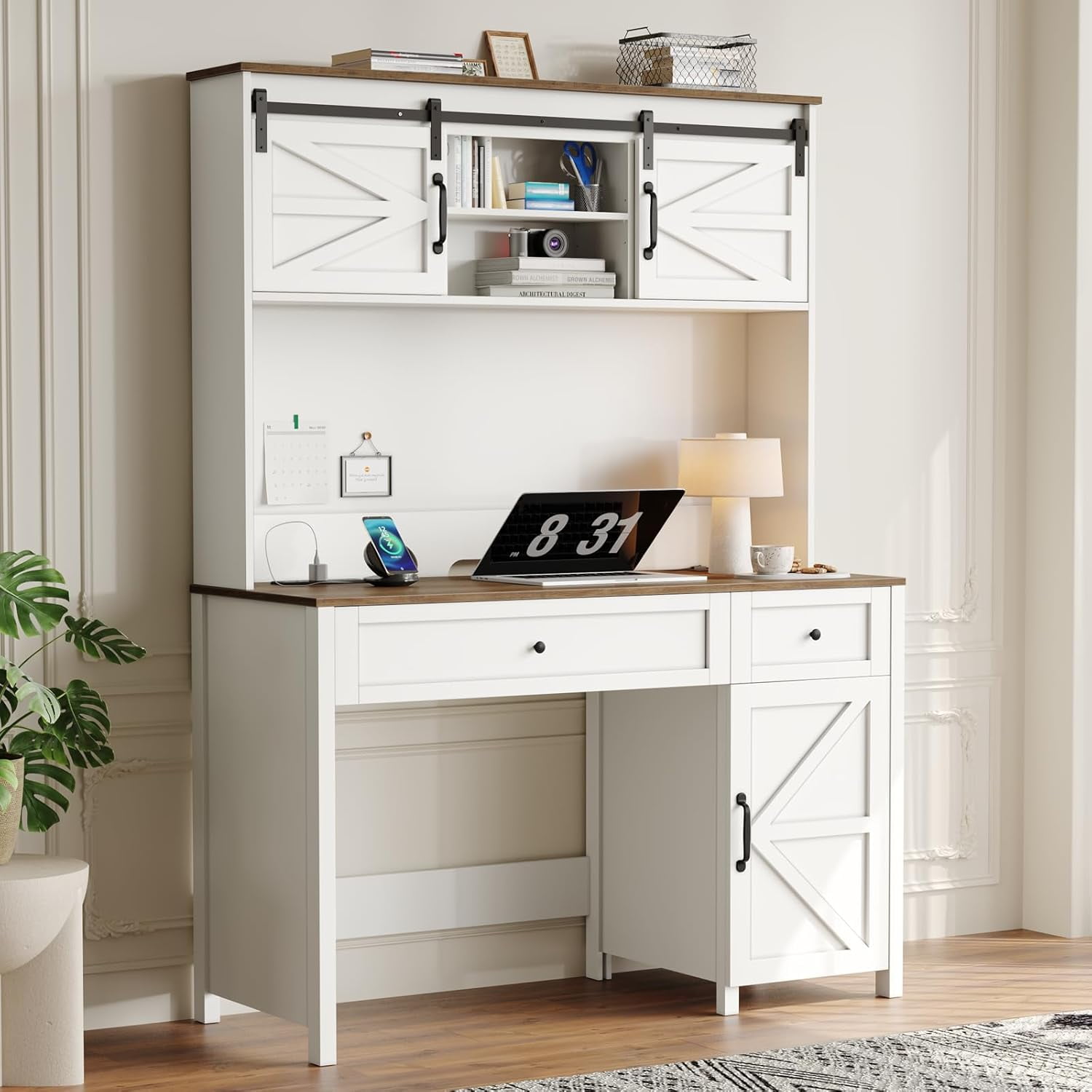 Tatub 47" Farmhouse Desk with Drawers & Power Outlet, White Executive ...