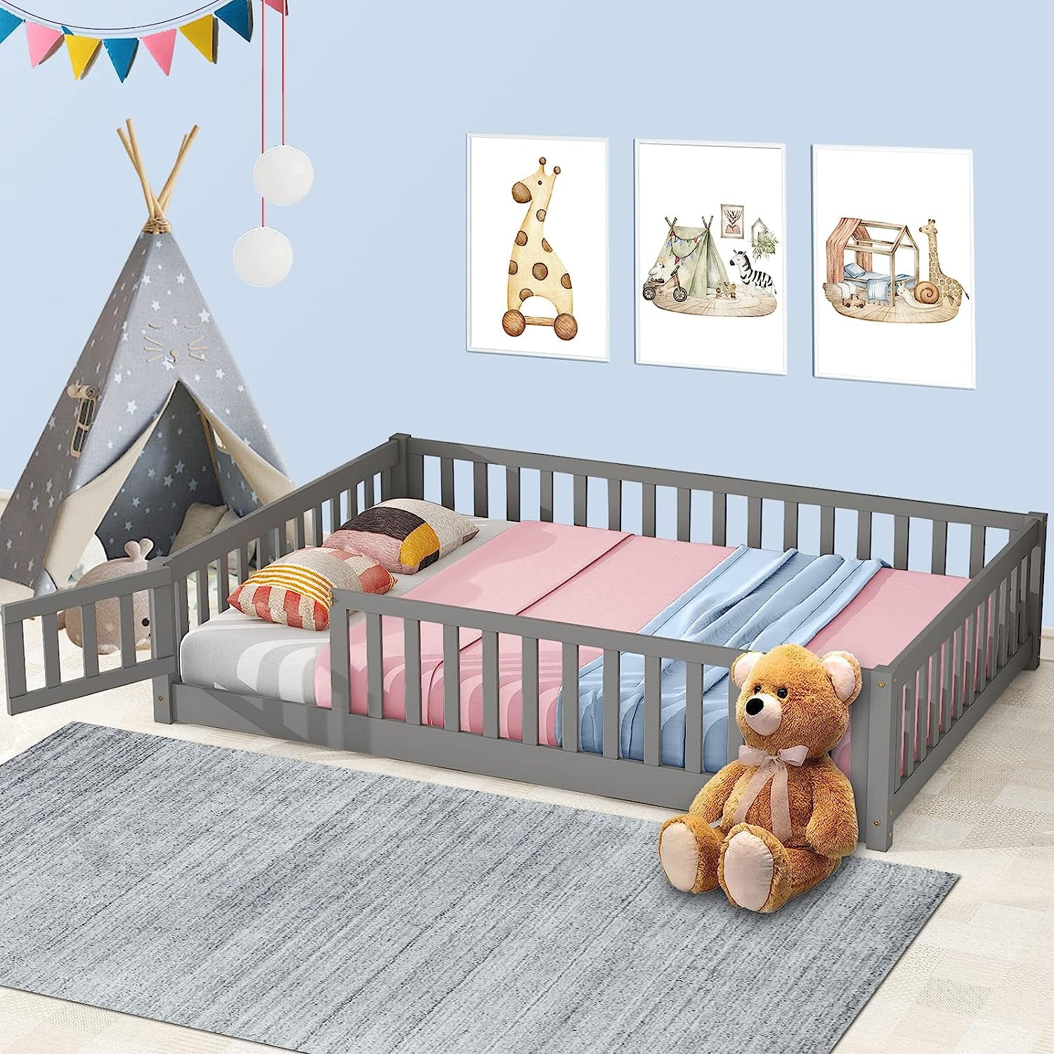 Tatub Full Size Floor Bed with Safety Guardrails and Door and Slats ...