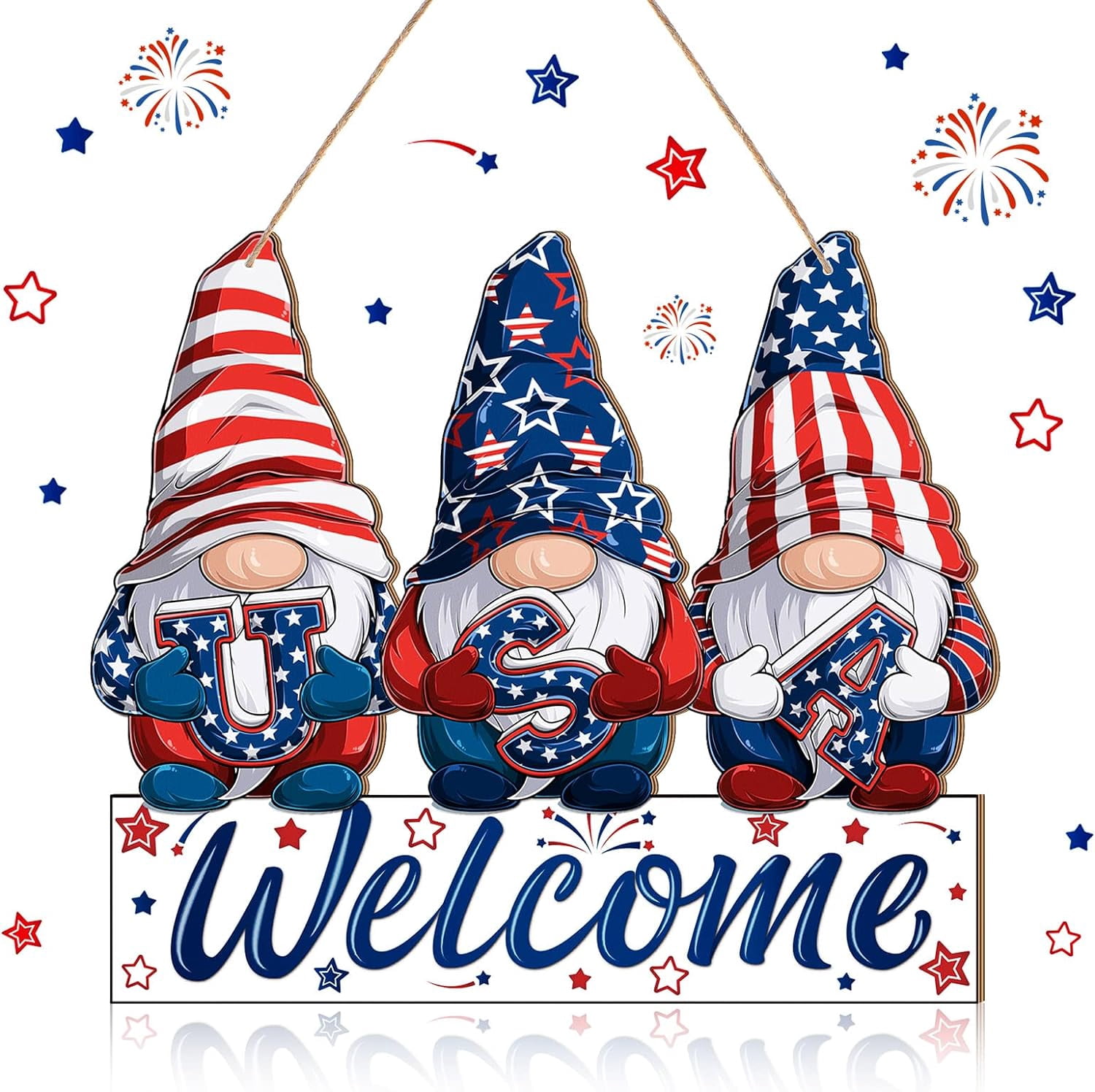 Tatuo Patriotic Welcome Door Decor 4th of July Wooden Sign Red Blue ...