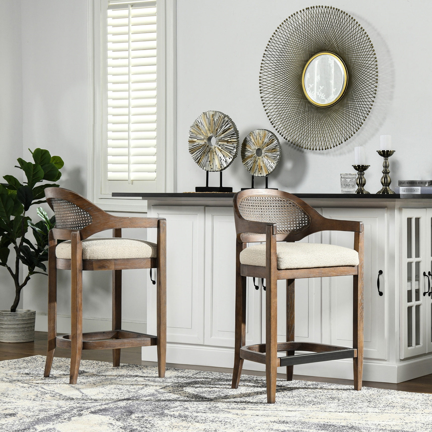 Taupe Beige 26" Cane Back Counter Stool, Mid-Century Style | Solid Oak ...