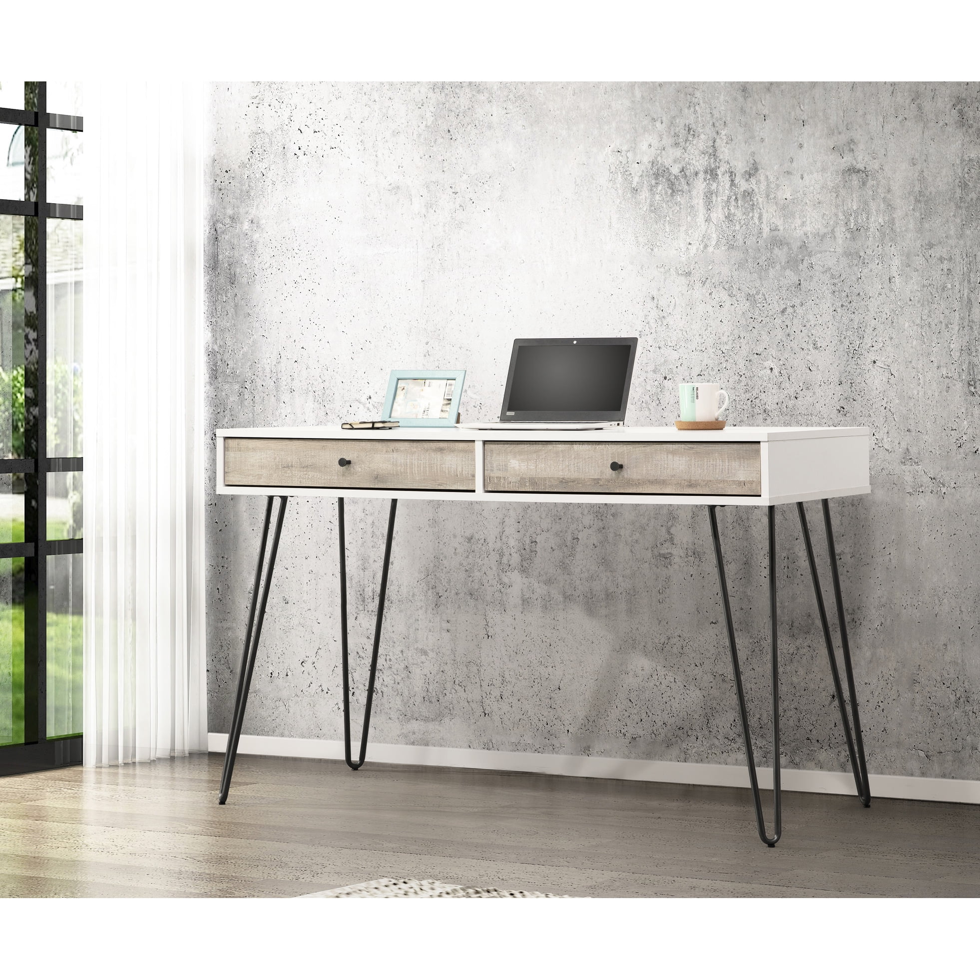 Taupe Desk With Open Shelf And 2 Storage Drawers, Metal Accents For ...