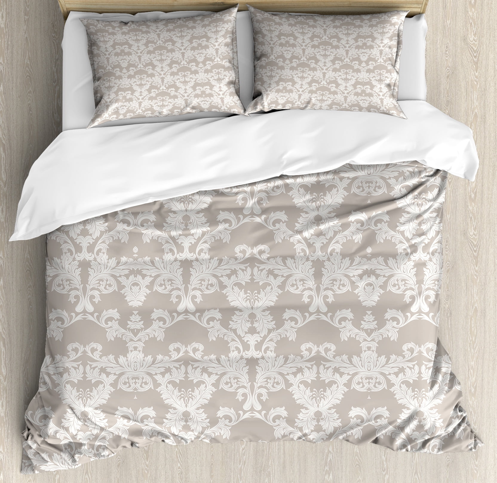 Taupe Duvet Cover Set, Nature Garden Themed Pattern with Damask Imperial Tile Rococo Inspired ...