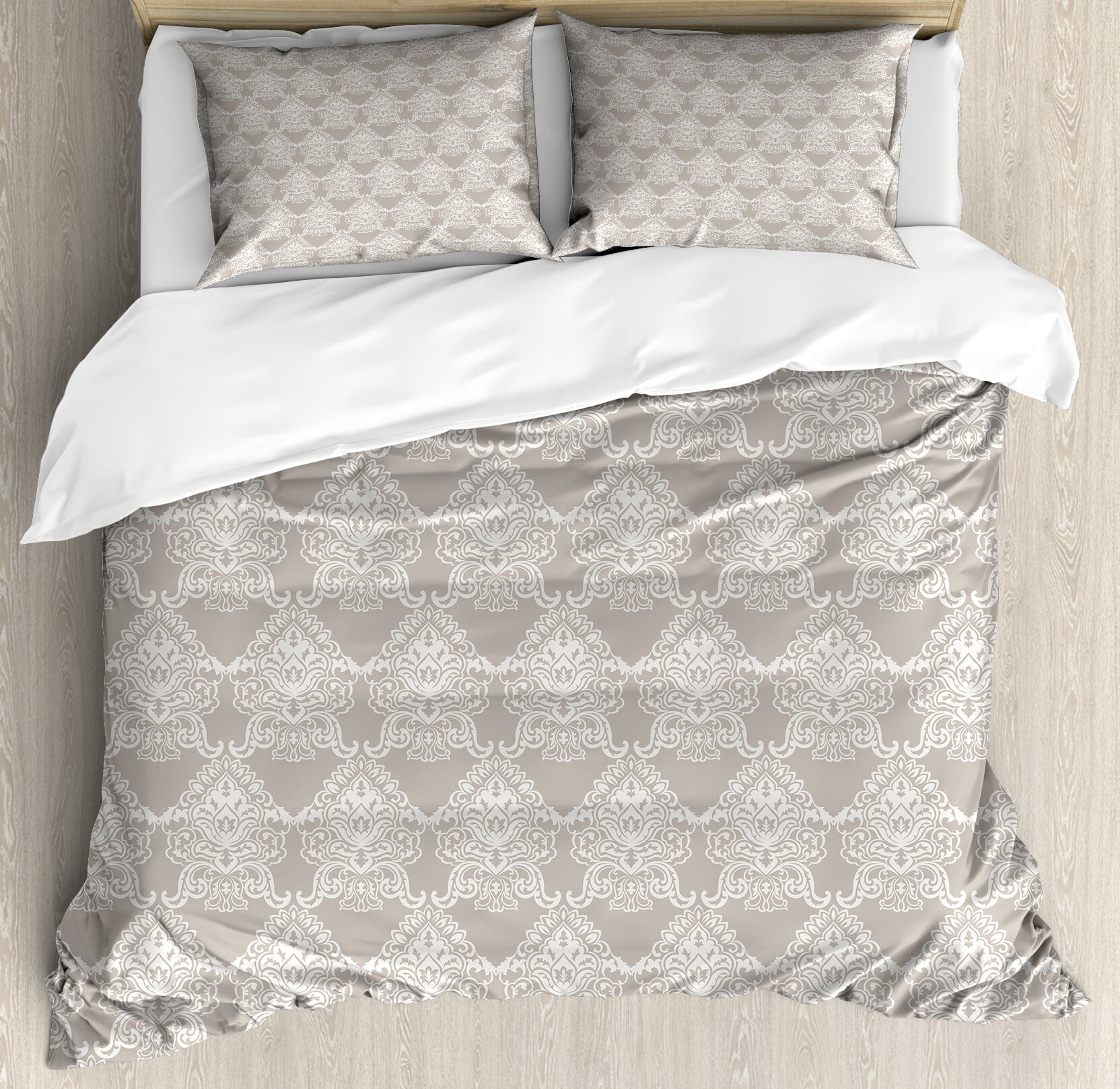 Taupe Duvet Cover Set, Royal White Damask in Classic Baroque Style Rococo Abstract Vignette ...