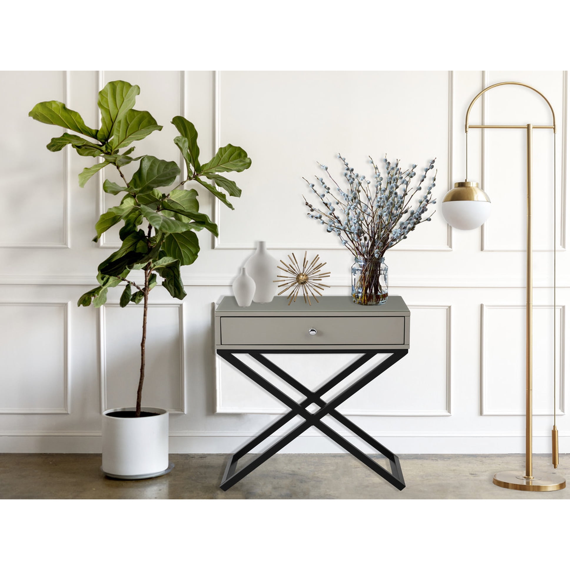 Taupe End Table With Glass Top, 2.75" H Drawer, Metal 23" Cross Base ...