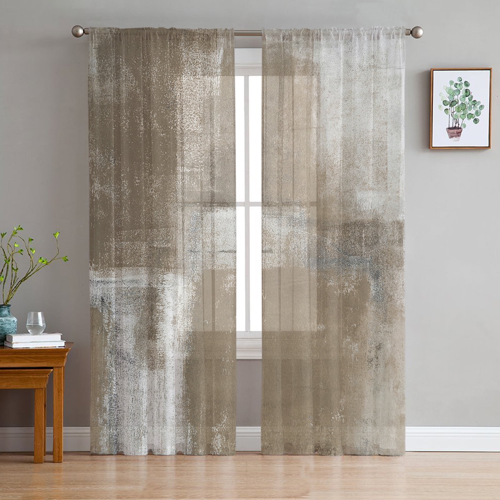 Taupe Modern Abstract Art Chiffon Sheer Curtains For Living Room ...