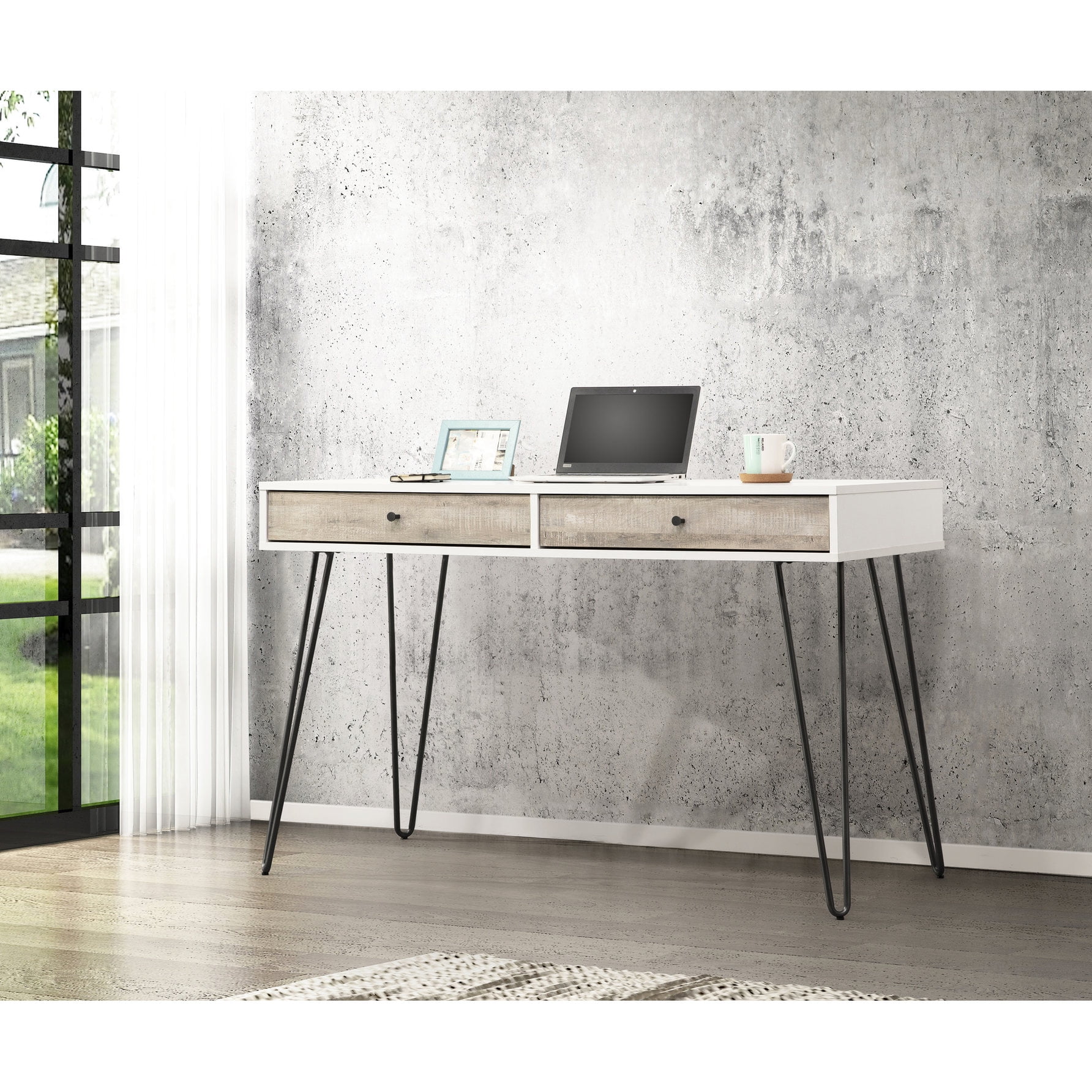 Taupe Oak Desk with Open Structure | 2 Drawers for Functional Bedroom ...