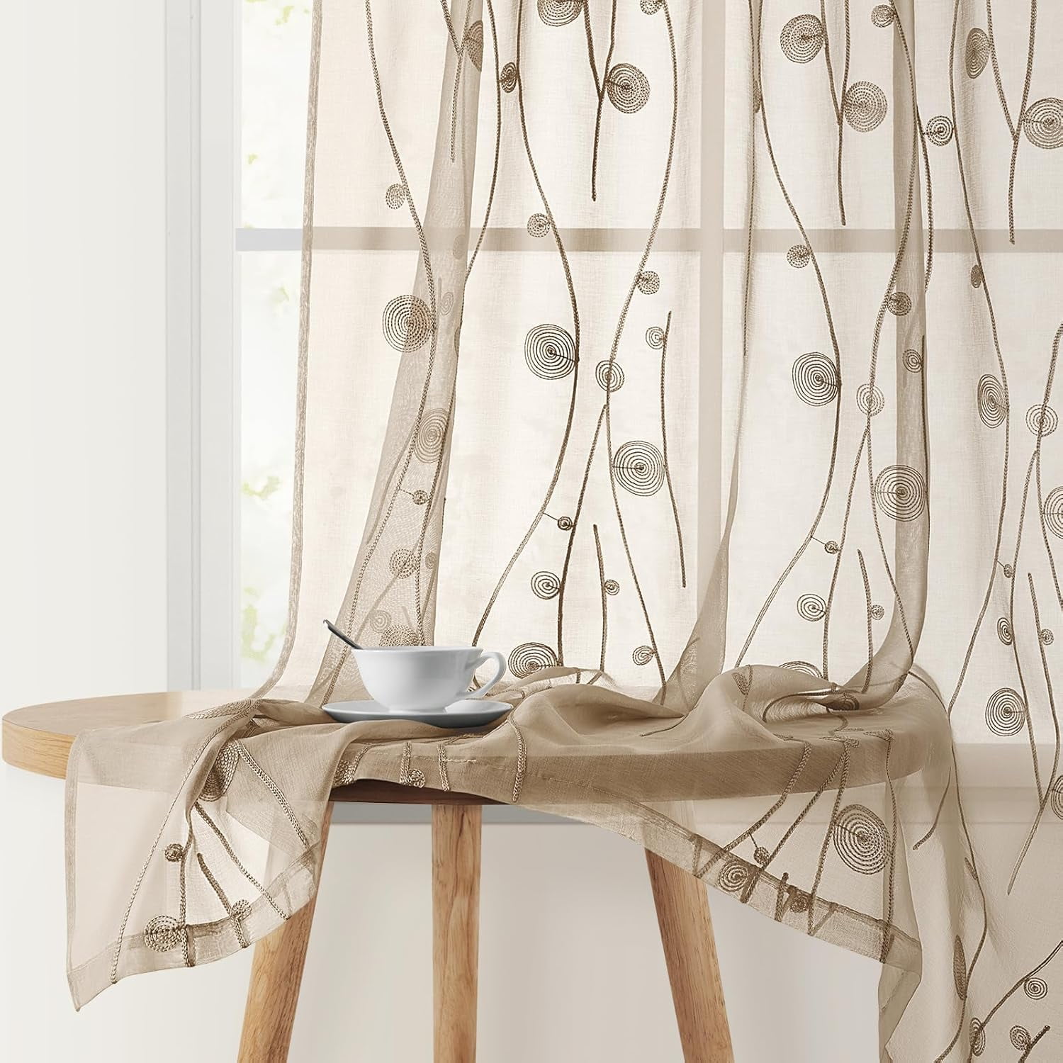 Taupe Sheer Curtains 52 X 96 Inches Length 2 Panels Beige Embroidered ...