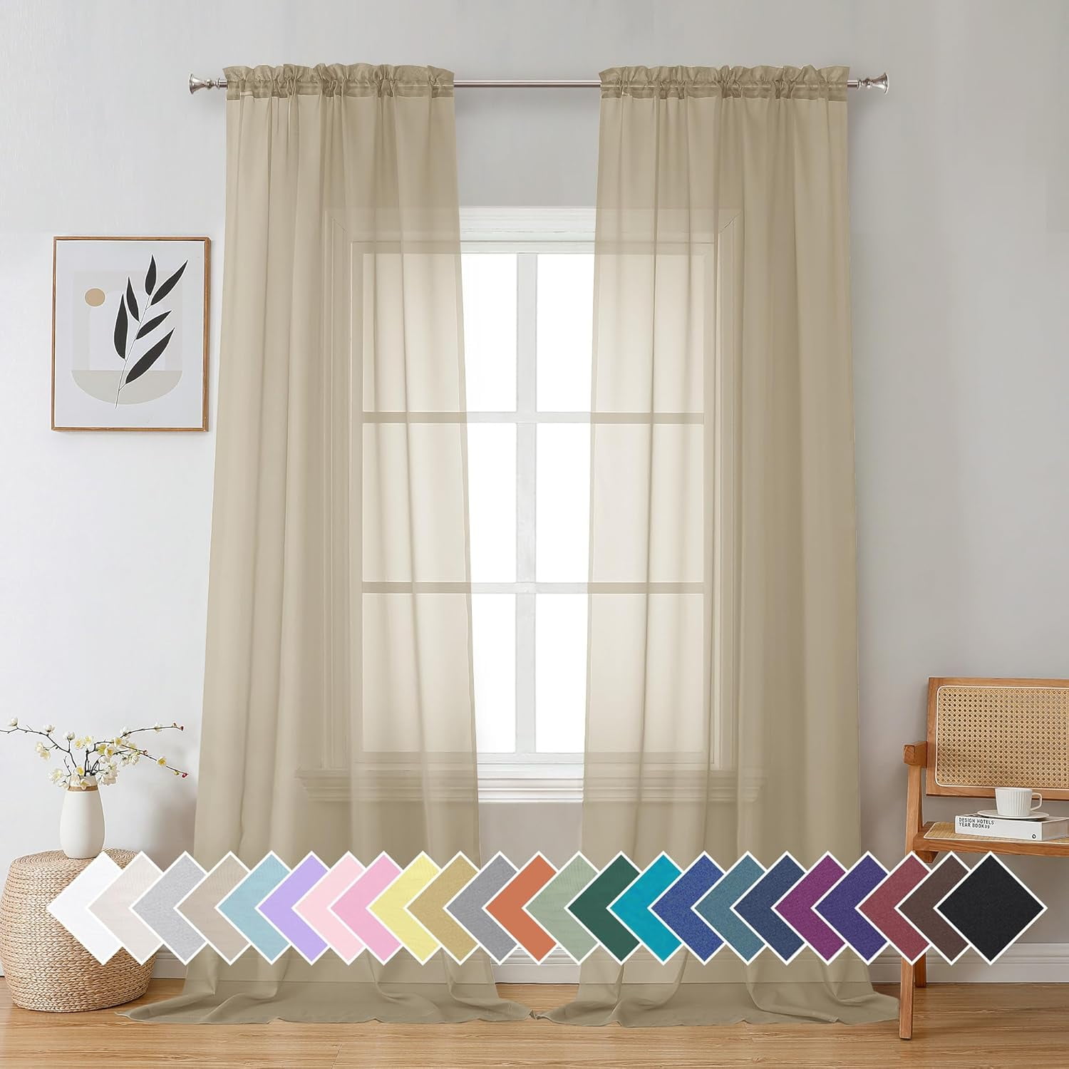 Taupe Sheer Curtains 96 Inches Long 2 Panels Set, Semi Transparent ...