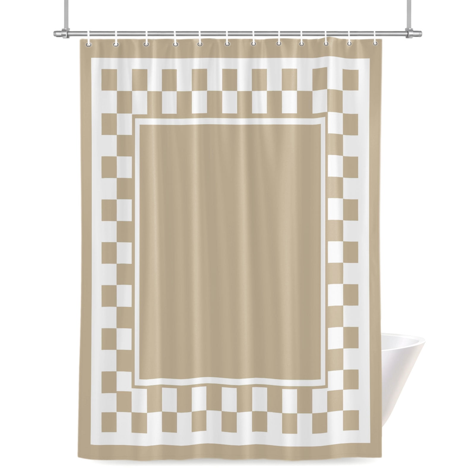 Taupe Square Shower Curtain, Graphic Retro Khaki White Checkered Border ...