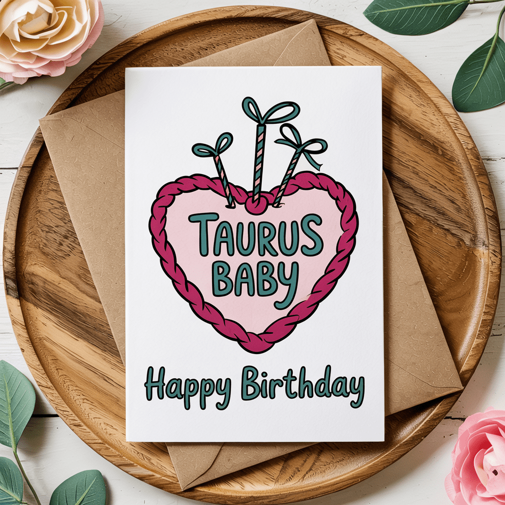 Taurus Baby Birthday Greeting Card - Cute Heart Design - Blank Inside ...