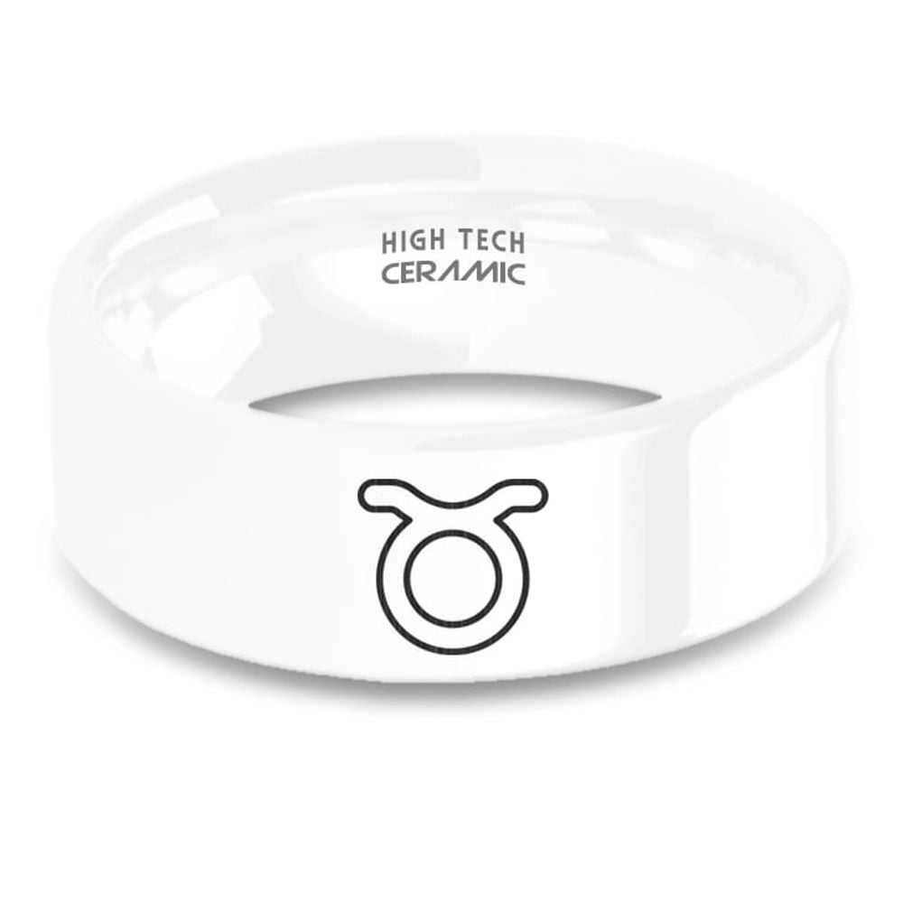 Taurus Bull Horn Sigil Laser Engraved White Ceramic Wedding Band, 8mm ...