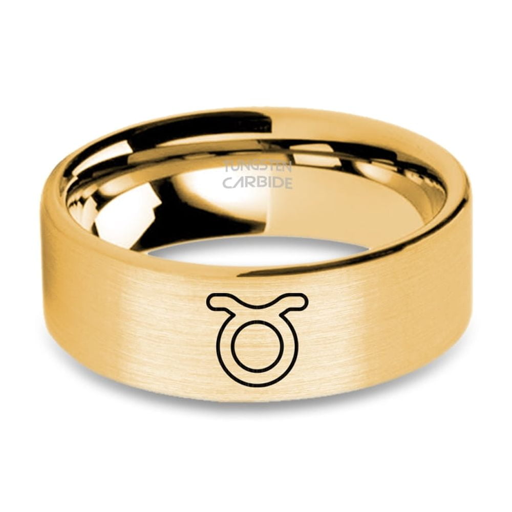 Taurus Bull Horn Zodiac Sign Brushed Yellow Gold Tungsten Ring, 8mm ...