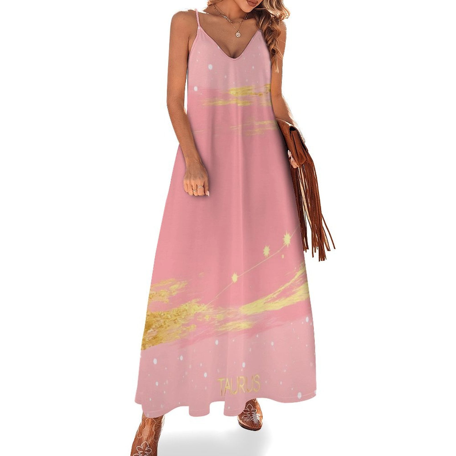 Taurus Constellation with Golden Brush Strokes Design Sleeveless Dress ...
