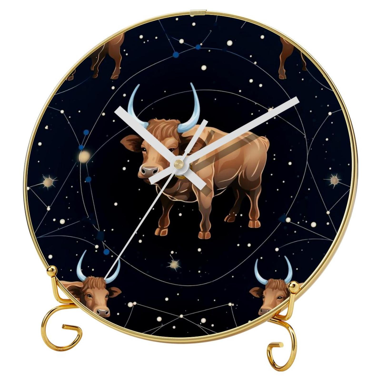 Taurus Round Printed Wall Clocks with Hooks and Gold Stand, Silent Non ...