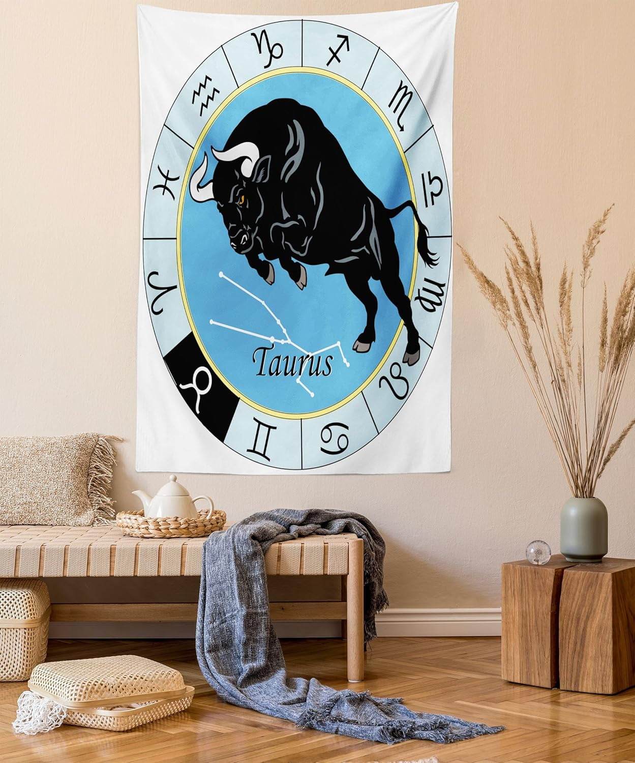 Taurus Tapestry Twin Size, Zodiac Calendar with Bull Inside Celestial ...