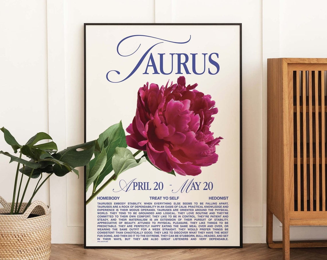 Taurus Zodiac Print, Art, Trendy Astrology Poster, Cute Retro Flower ...