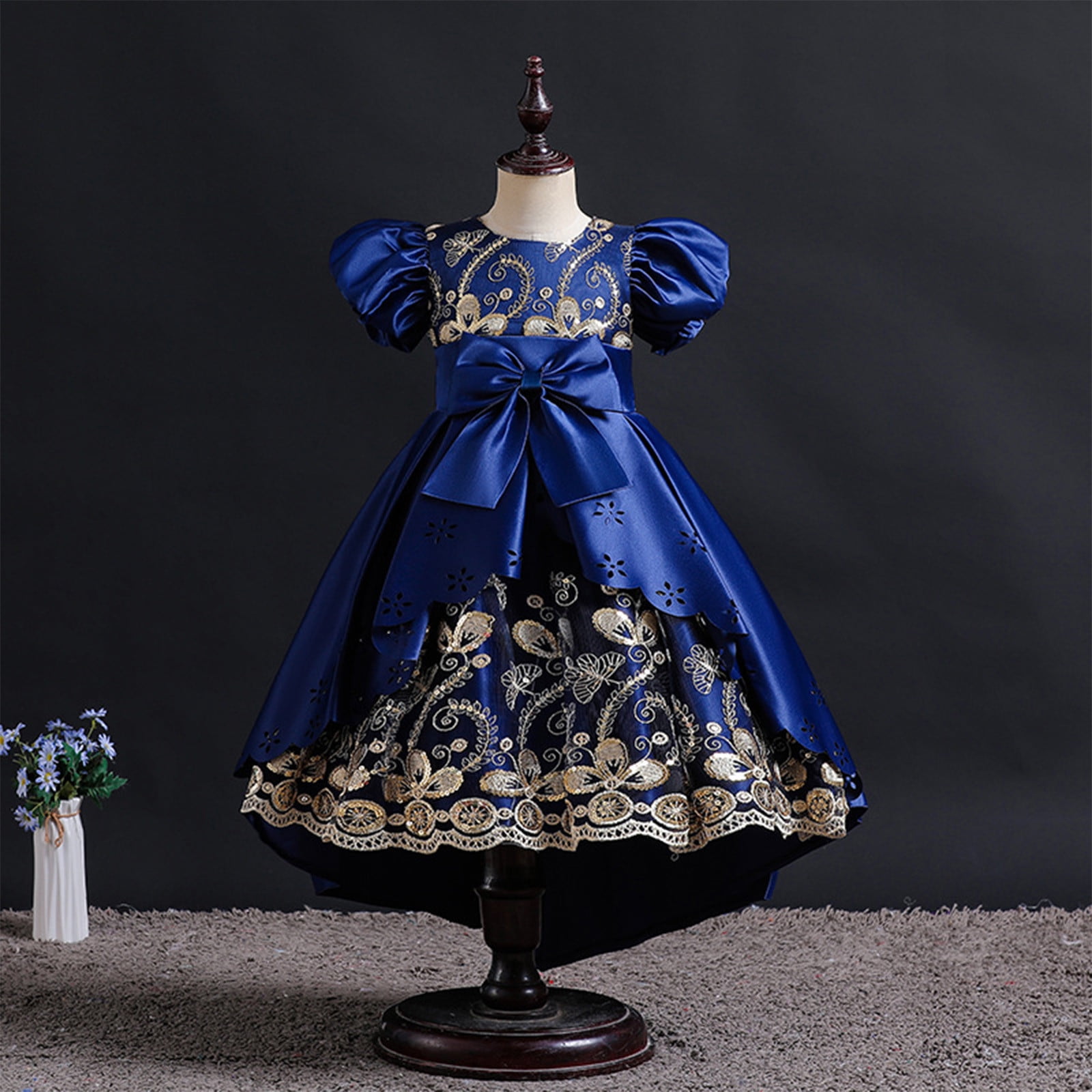 Tawop Blue Princess Dresses for Girls Bubble Sleeve Dress Birthday ...