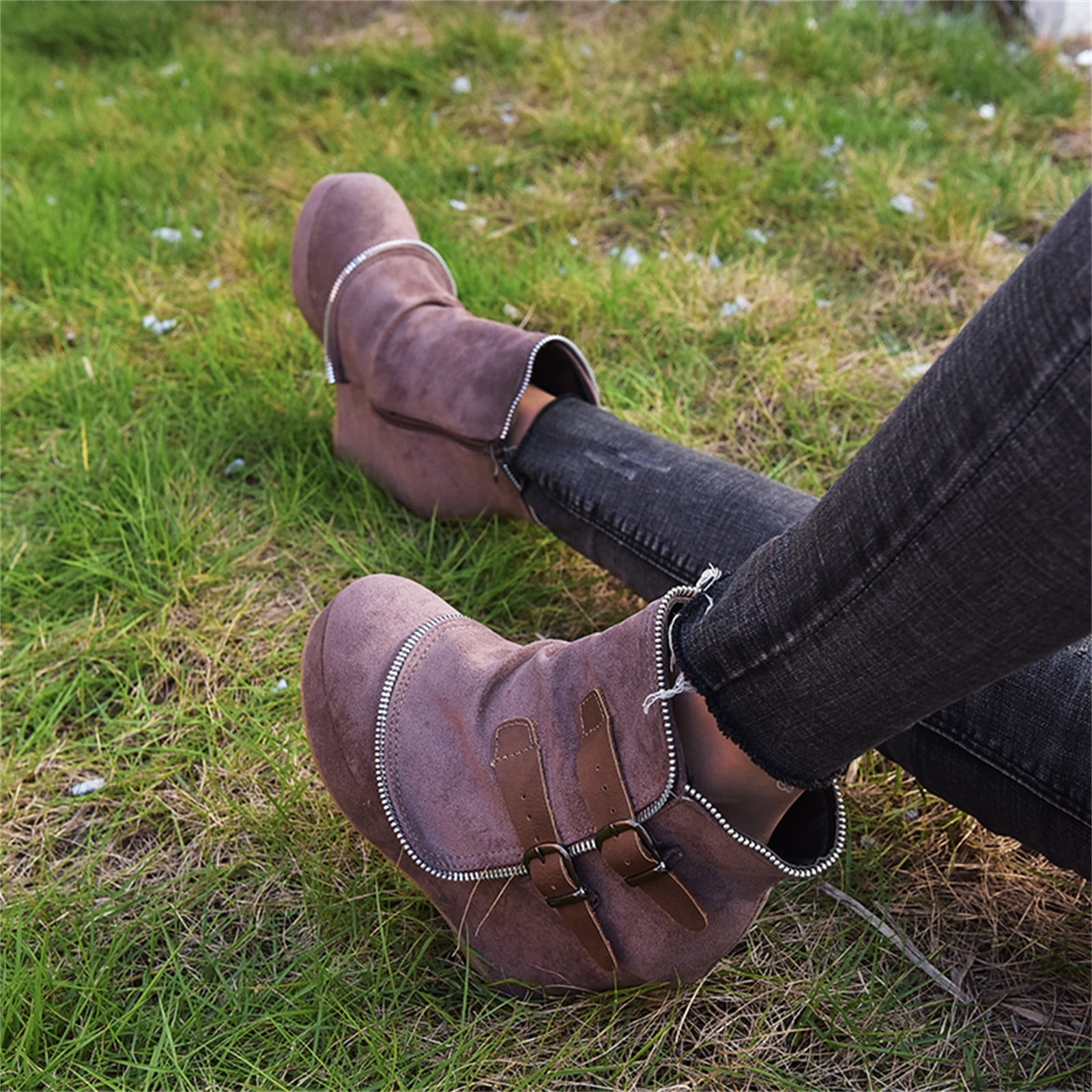 Tawop Boots For Girls, Leather Boots With Belt Buckle Outer Wedge Heel ...