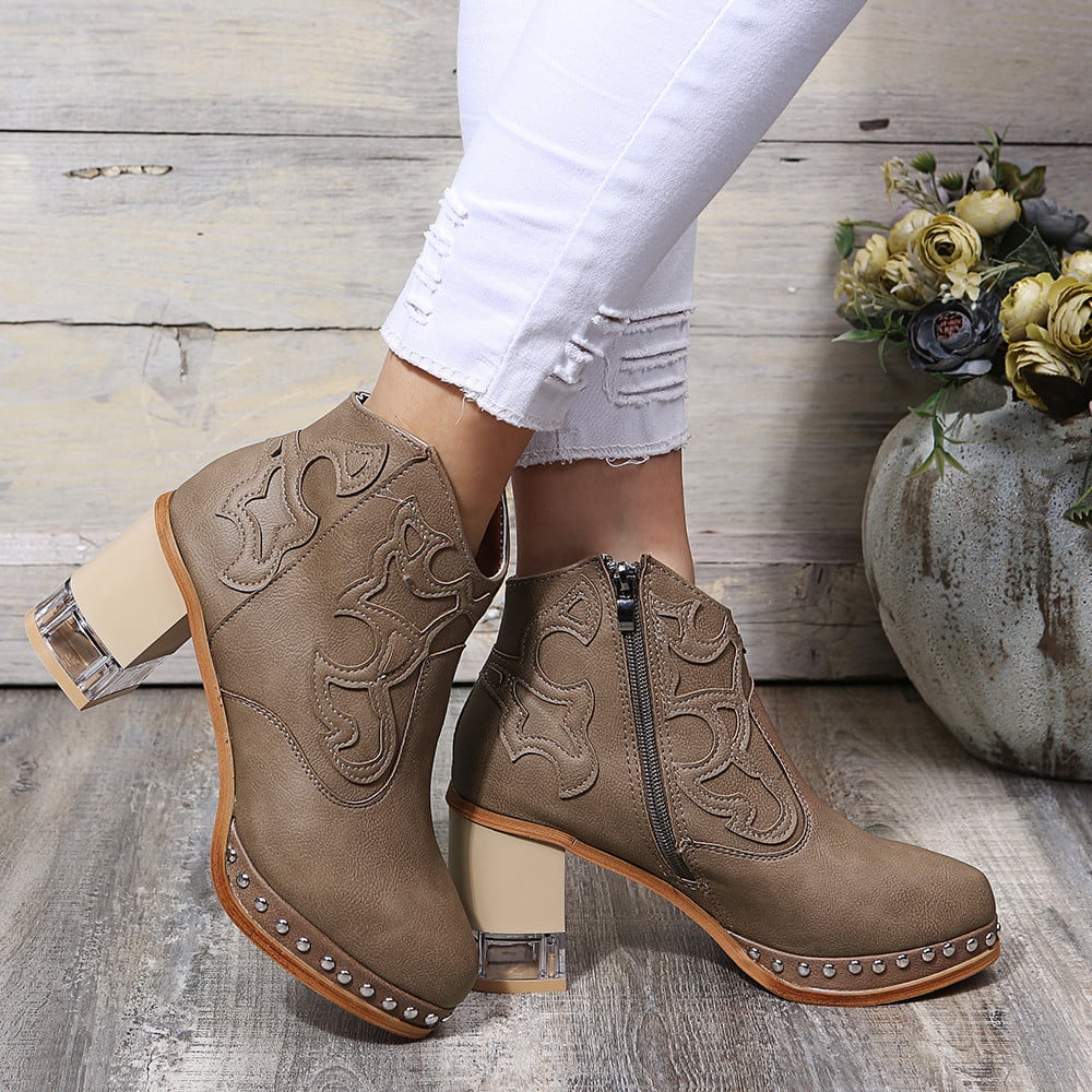 Tawop Brown Boots,Embroidered Thick Heel Boots With Side Zipper Short ...