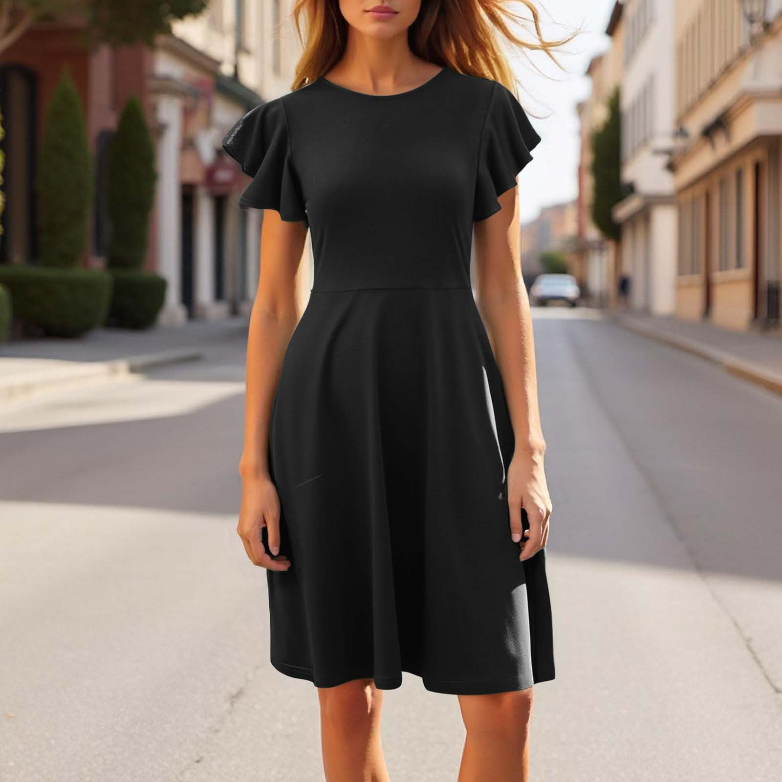 Tawop Dresses for Women Black Summer Maxi Midi Ruffled Crew Neck Solid ...