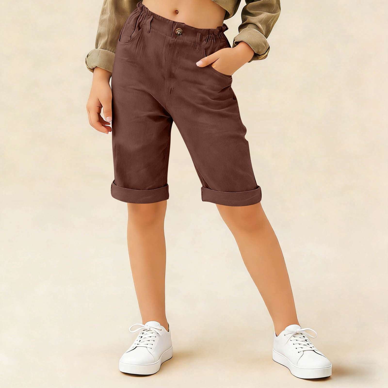 Tawop Girl Pants Girls' High-Waisted Solid Rolled-Cuff Half Pants Multi ...