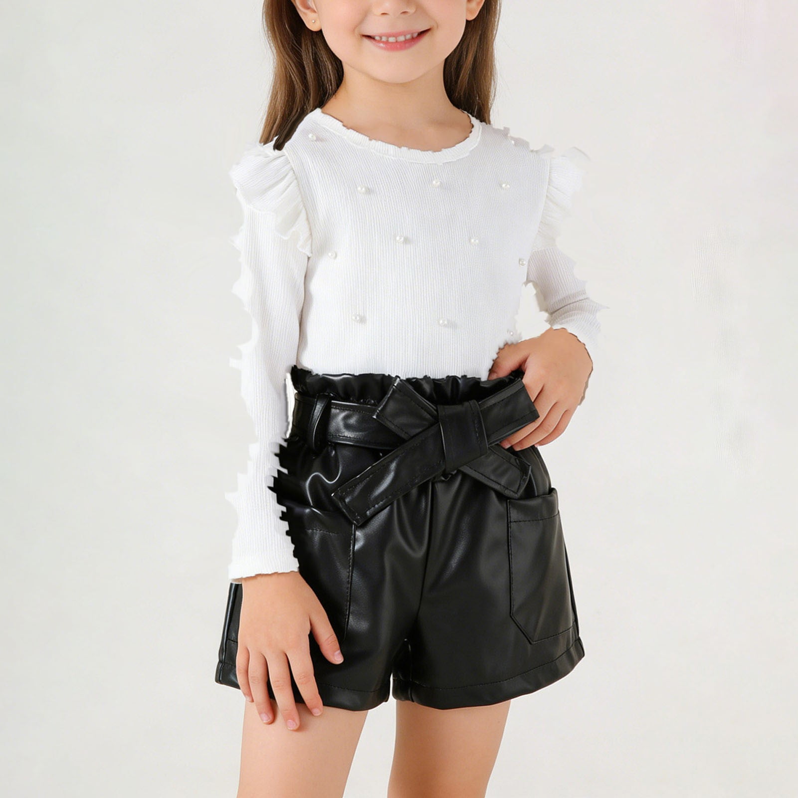 Tawop Girl Suit Girl's Solid Color Beaded Fly Sleeve Top Leather Open ...